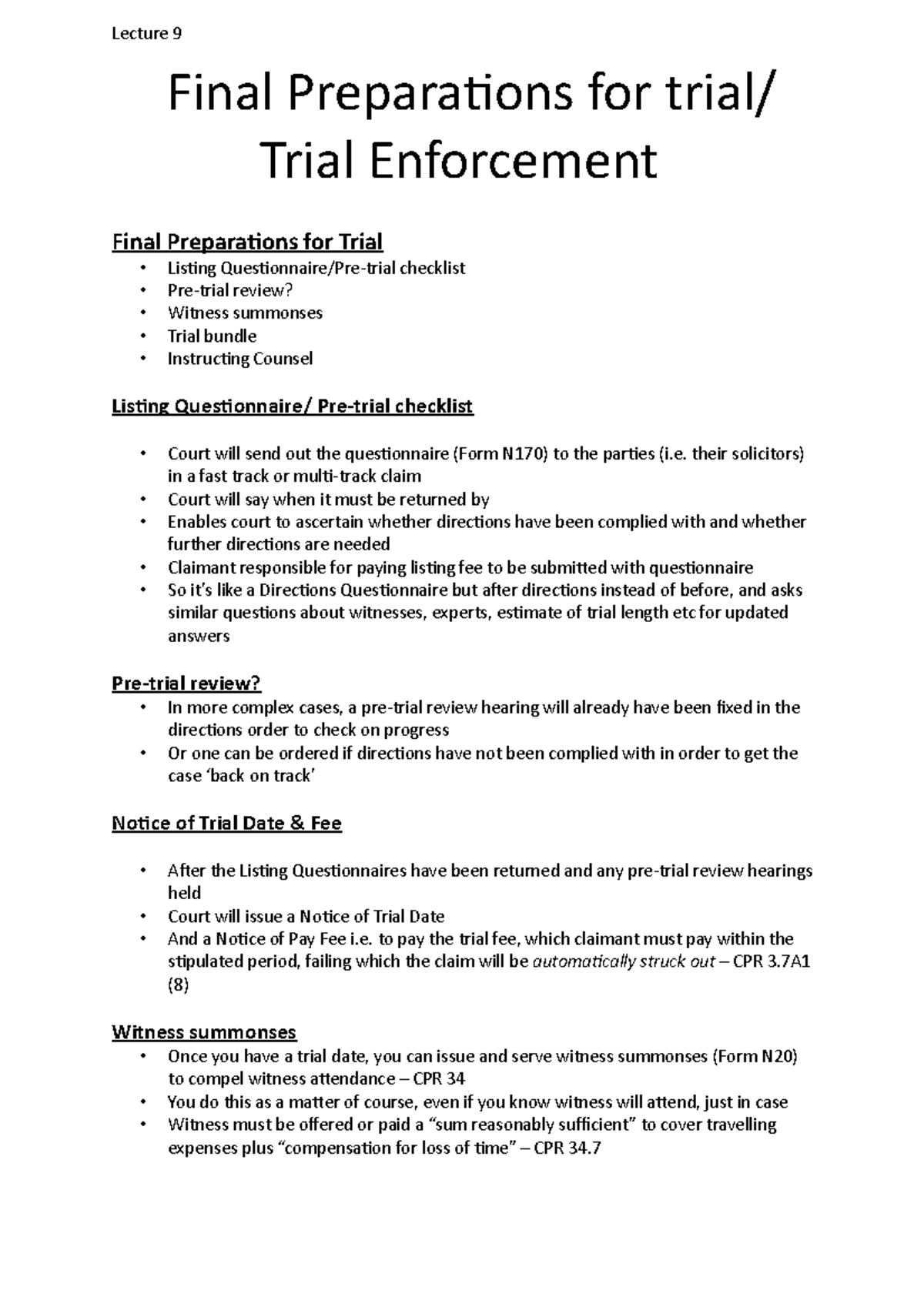 Final preparation for trial and trial enforcement- lecture 9 - Final ...
