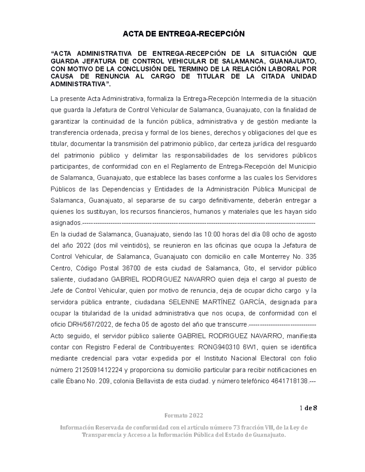 Formato entrega-recepción 2022 (1) - ACTA DE ENTREGA-RECEPCIÓN “ACTA ADMINISTRATIVA DE - Studocu