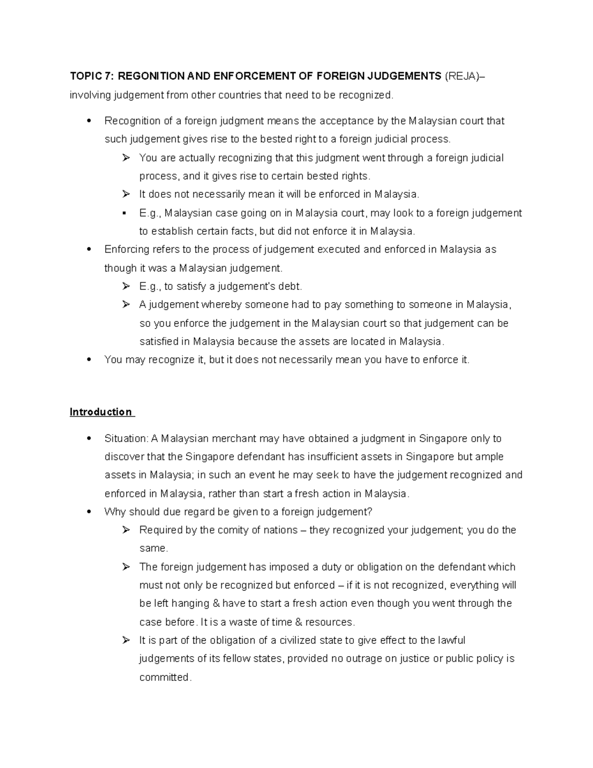 23.11 Regocnition and Enforcement of Foreign Judgements - TOPIC 7 ...