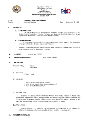 COT3 Activity - LESSON PLAN ENG9 - Mount Balungao is an extinct volcano ...