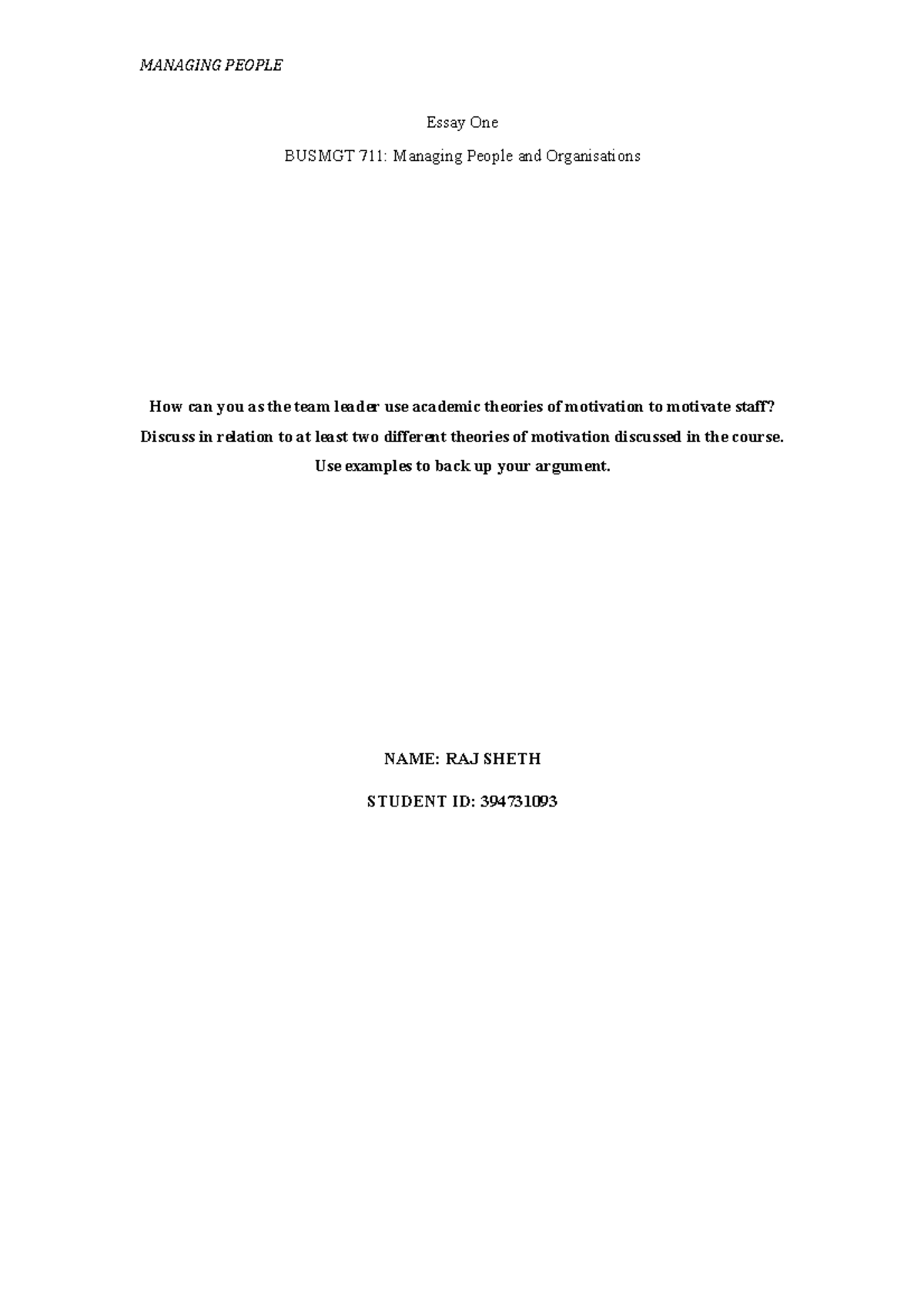 711 Essay 1 - Individual assignment that hold 15% of the entire course ...