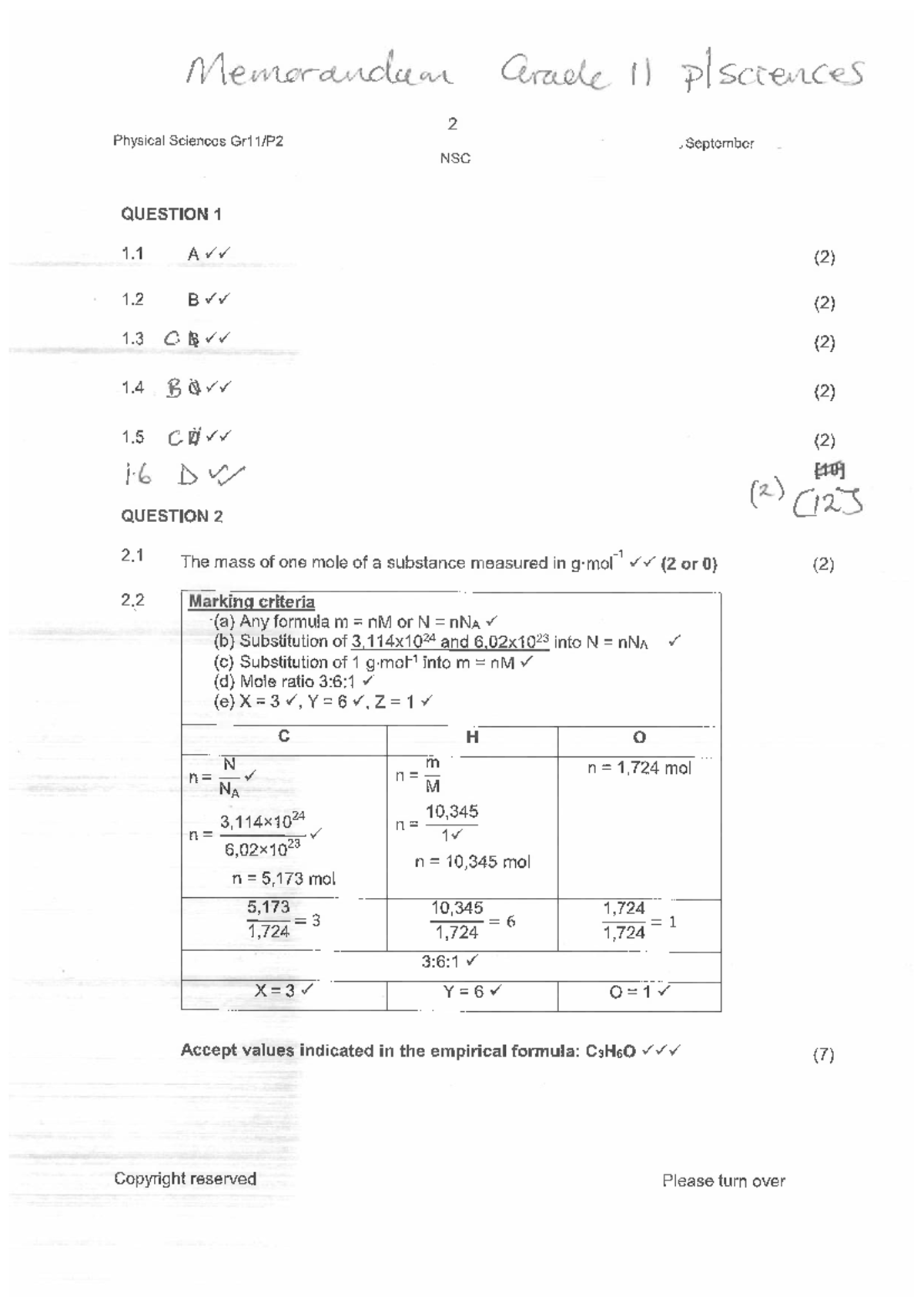 Grade 11 september 2024 memorandum - Memorandum Physical Sciences Gri ...