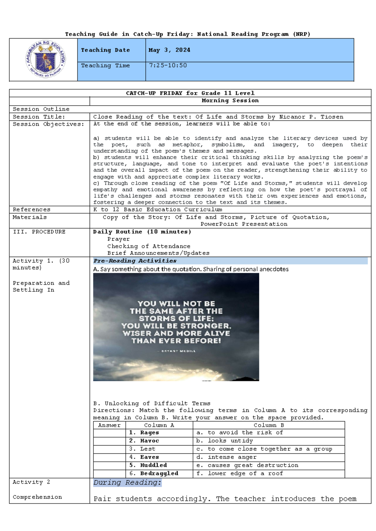 TG Catch UP G11 May 3 - Teaching Guide in Catch-Up Friday: National Reading Program (NRP ...