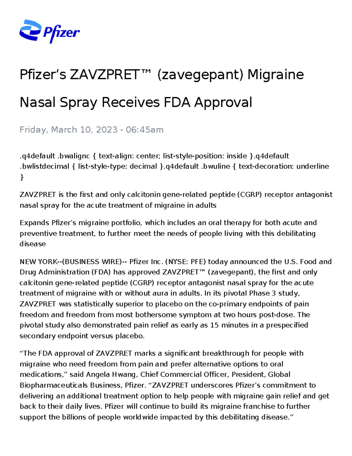 Pfizers Zavzprettm zavegepant Migraine Nasal Spray Receives FDA ...