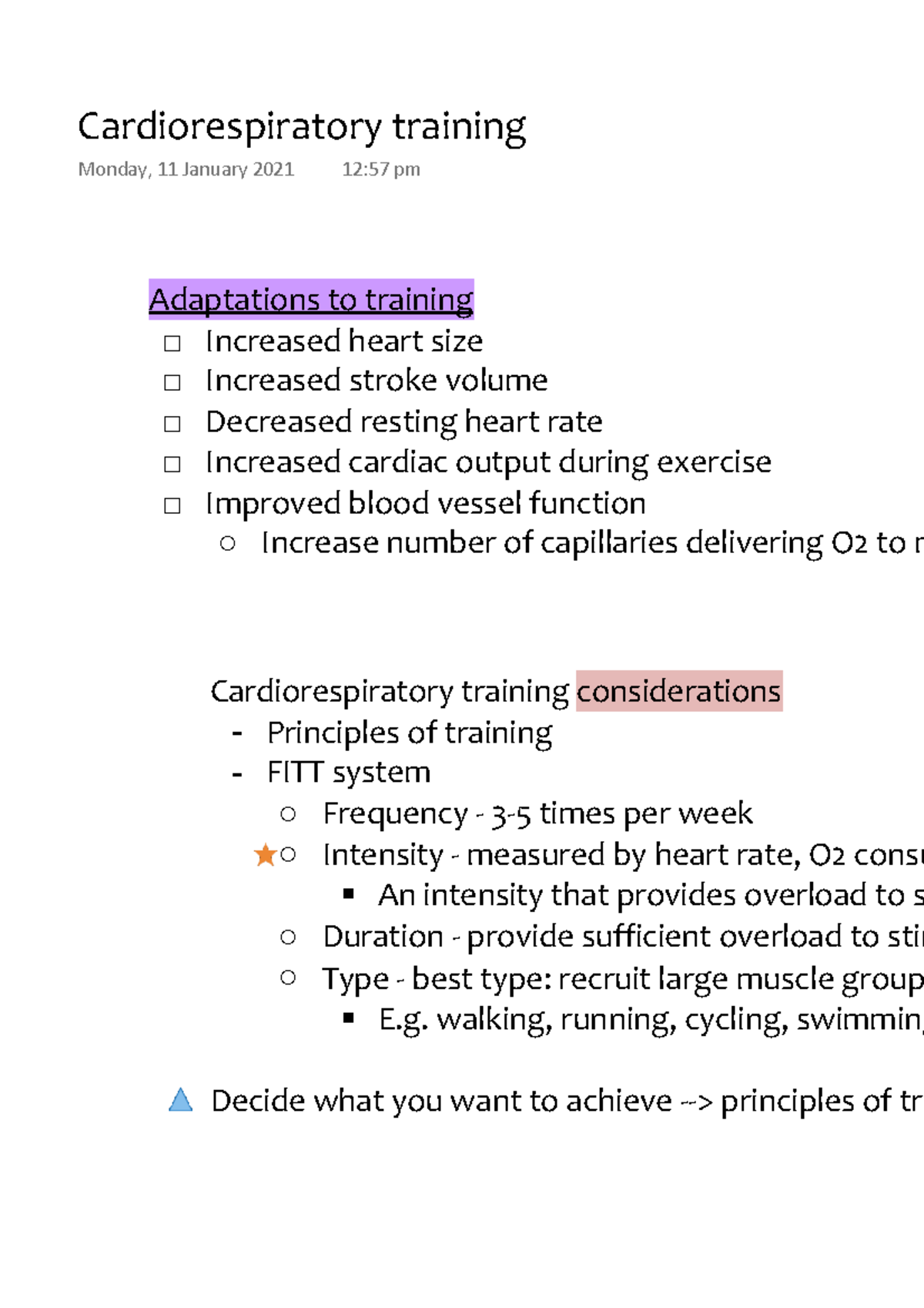 Cardiorespiratory training - Adaptations to training Increased heart ...
