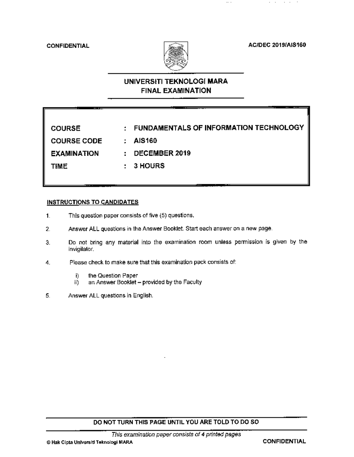 AIS160 - EXAM PAPER - fundamental science technology - UiTM - Studocu