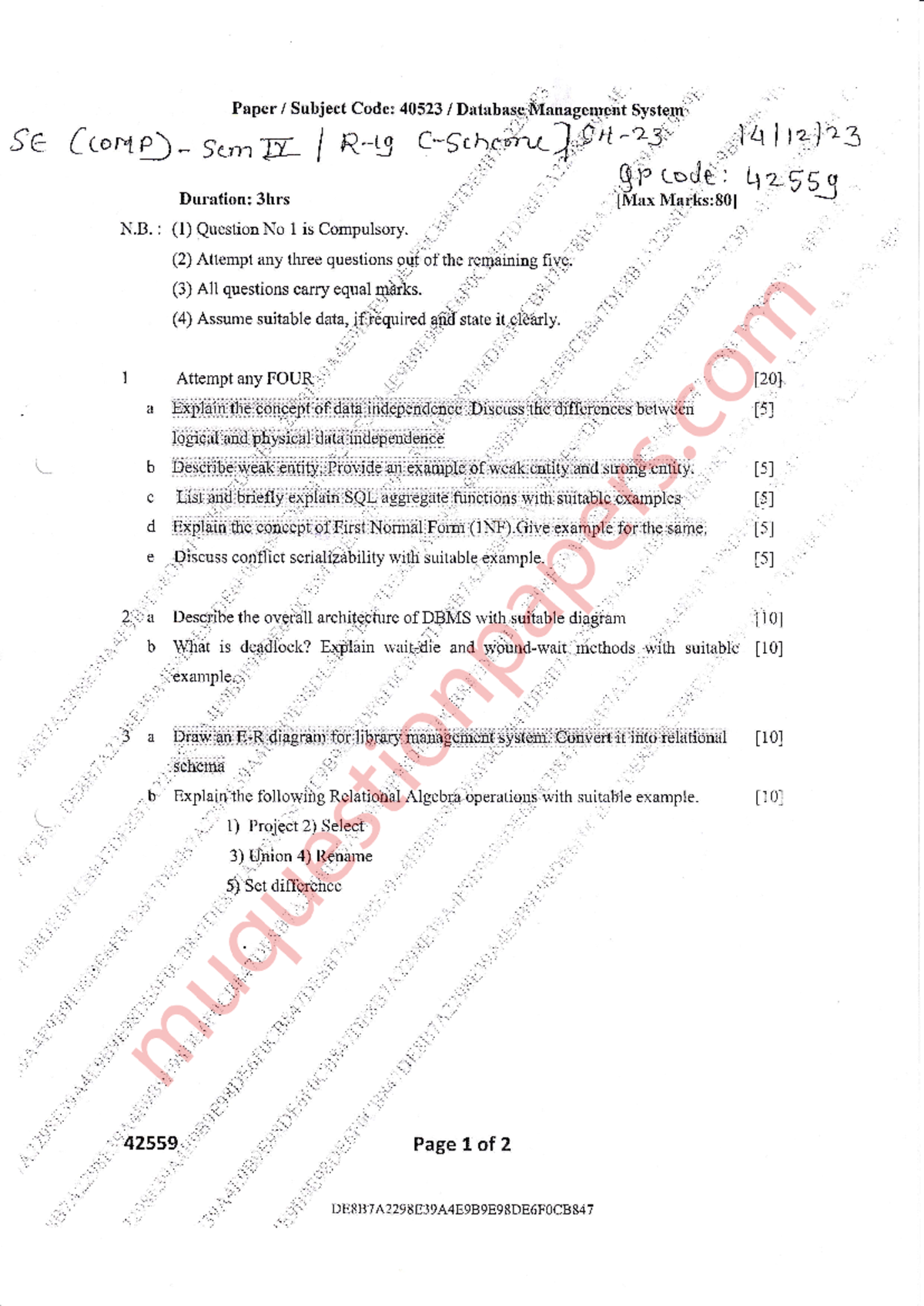 Be Computer Engineering Semester 4 2023 December Database Management Systemrev 2019 C Scheme