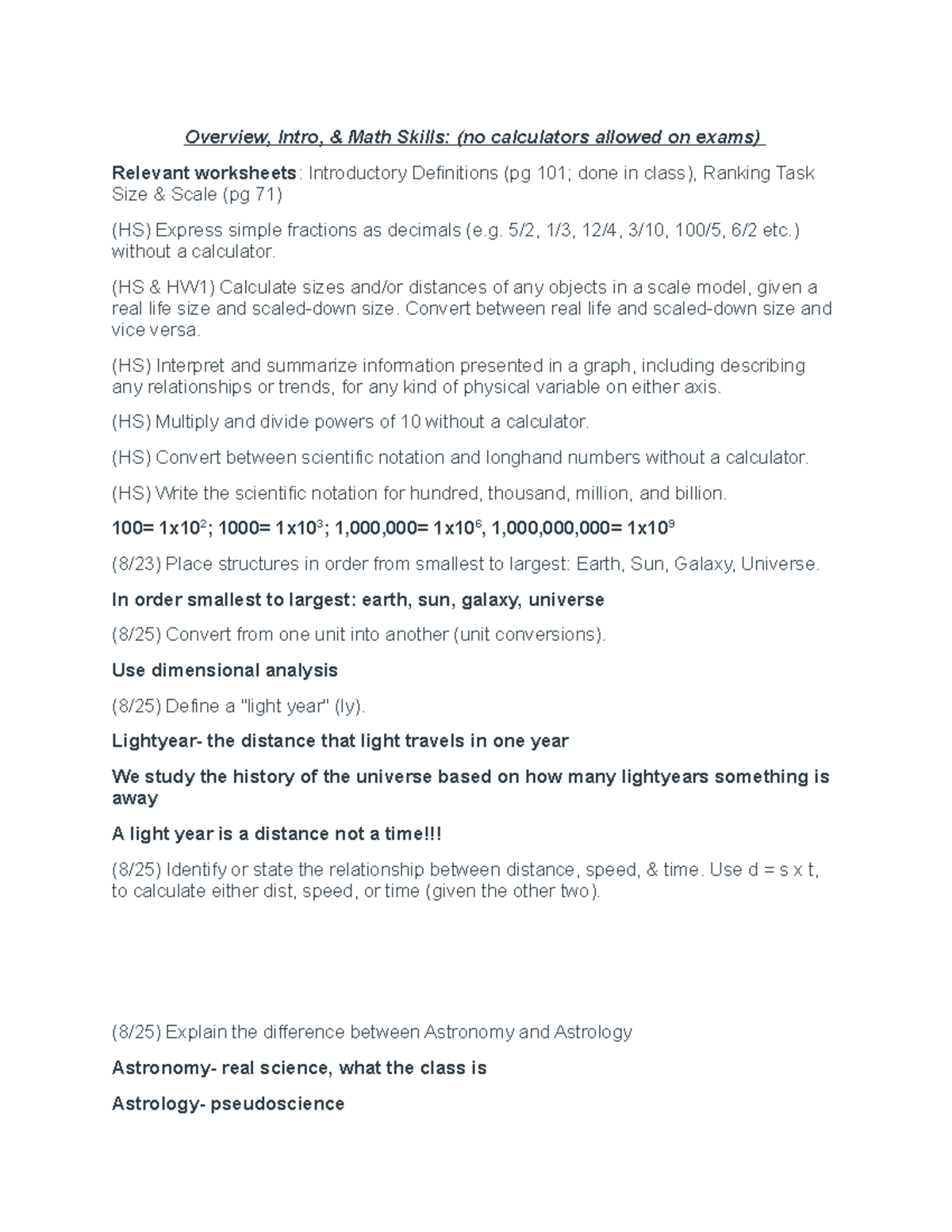 Astro 1 Midterm 1 SG - Overview, Intro, & Math Skills: (no calculators ...