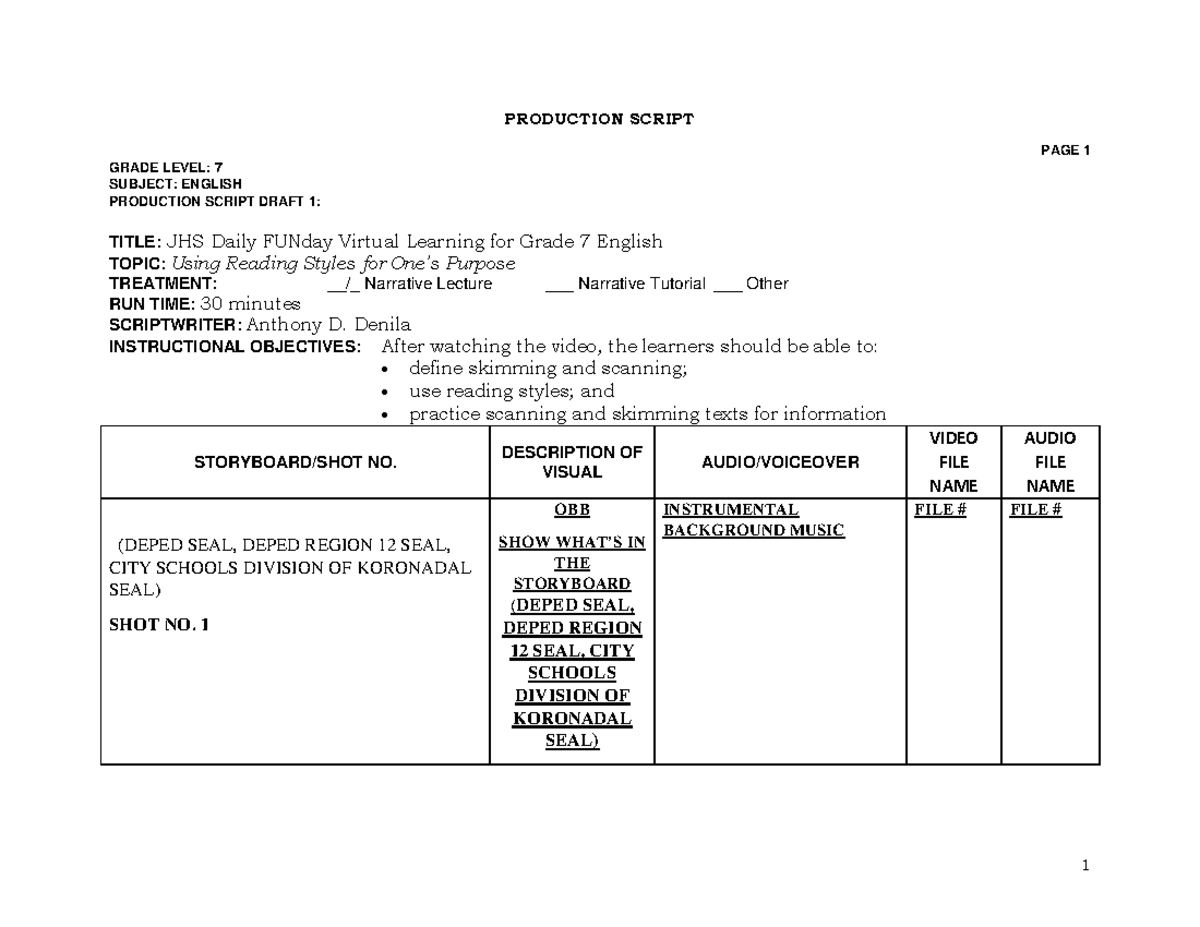 English 7 Q1 PS10 v0.1 Denila - PRODUCTION SCRIPT PAGE 1 GRADE LEVEL: 7 ...