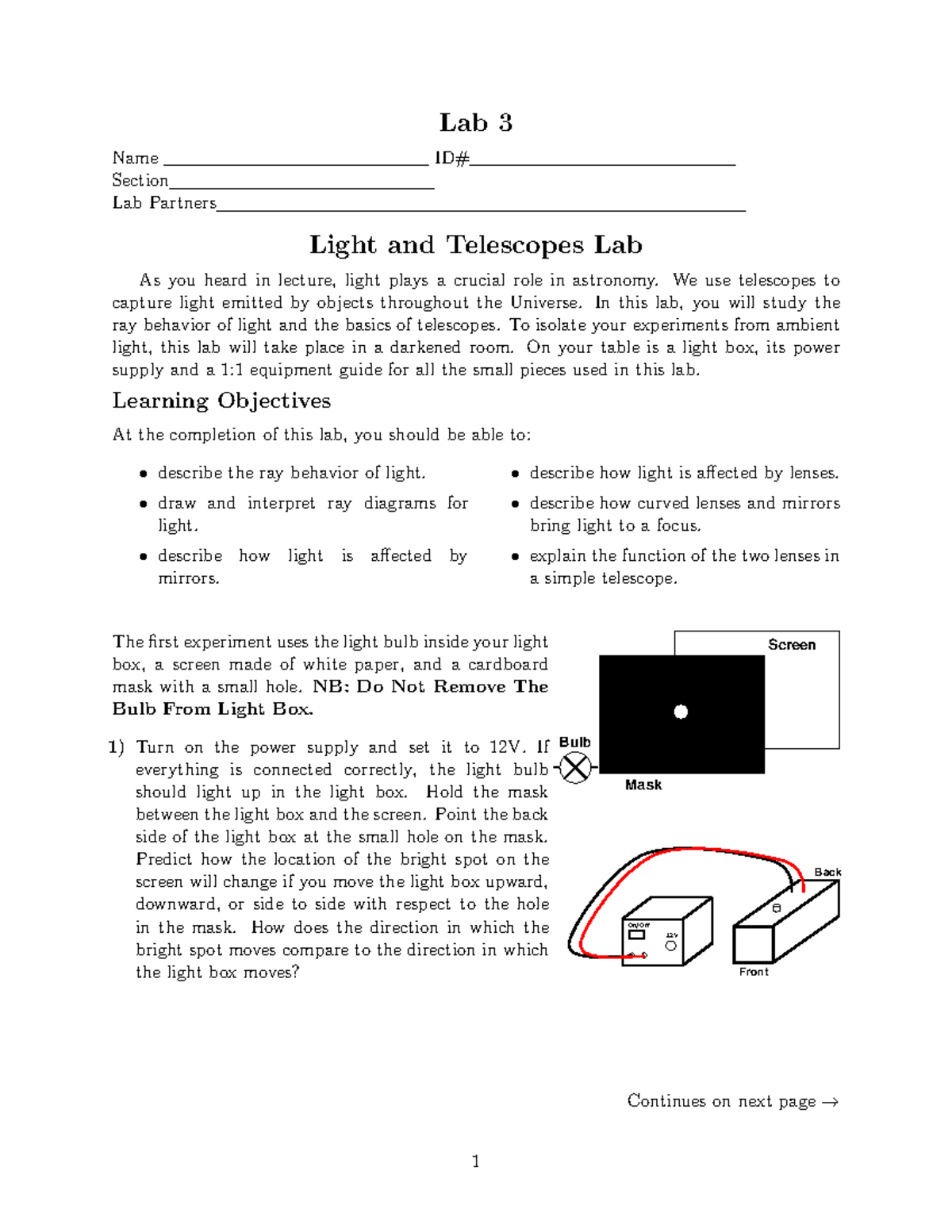 Lab 3 - Lab 3 Name ID# Section Lab Partners Light and Telescopes Lab As ...