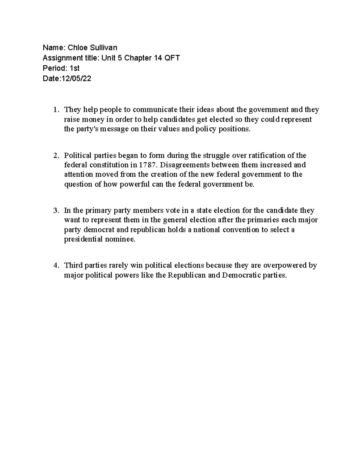 Unit 5 Chapter 14 QFT - Name: Chloe Sullivan Assignment title: Unit 5 ...