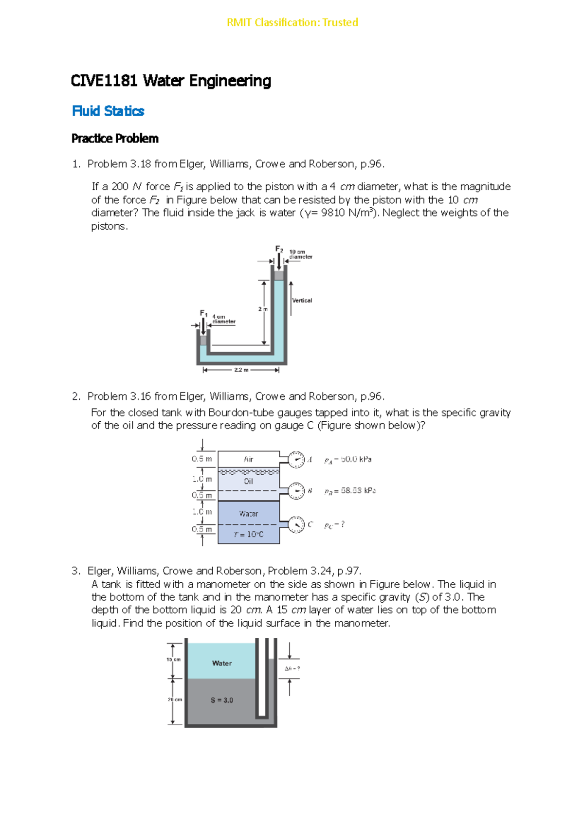 Practice Problems Week 2-3 Fluid Statics-2 - CIVE 1181 Water ...