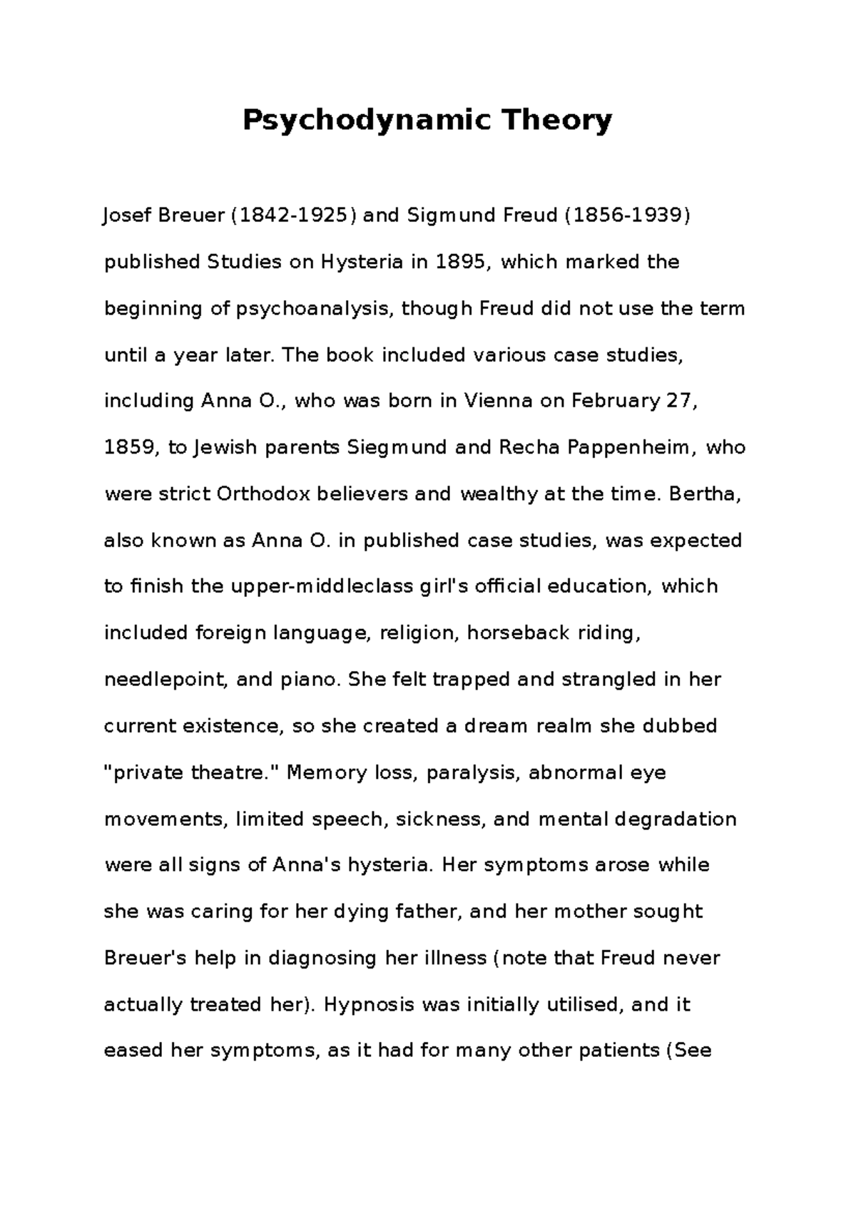 Psychodynamic Theory - Lecture notes 3 - Psychodynamic Theory Josef ...