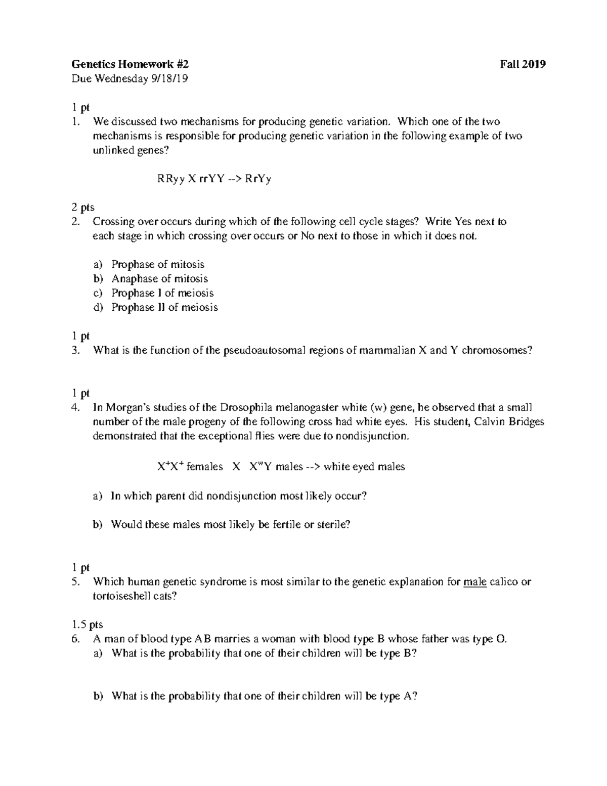 BIOL 3304 Genetics Homework 2 - Genetics Homework #2 Fall 2019 Due ...