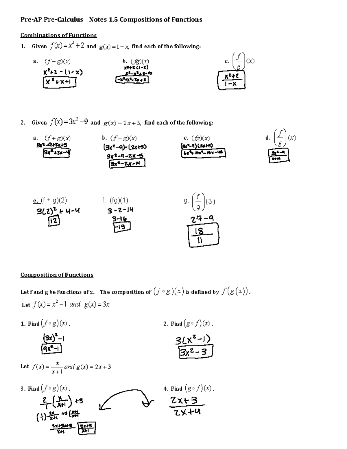 Compositions of Functions - Pre-AP Pre-Calculus Notes 1 Compositions of ...