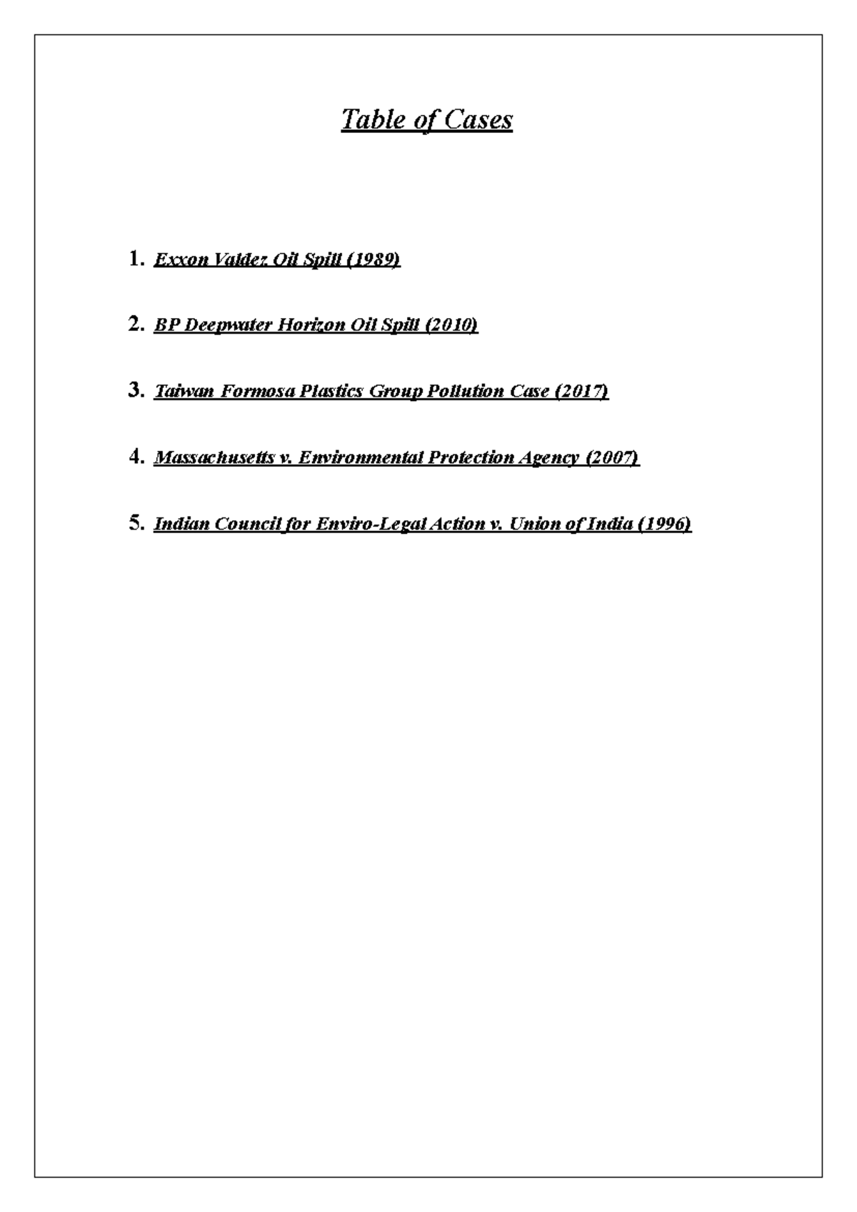 Table of cases - Bachelors of Commerce - Table of Cases 1. Exxon Valdez ...