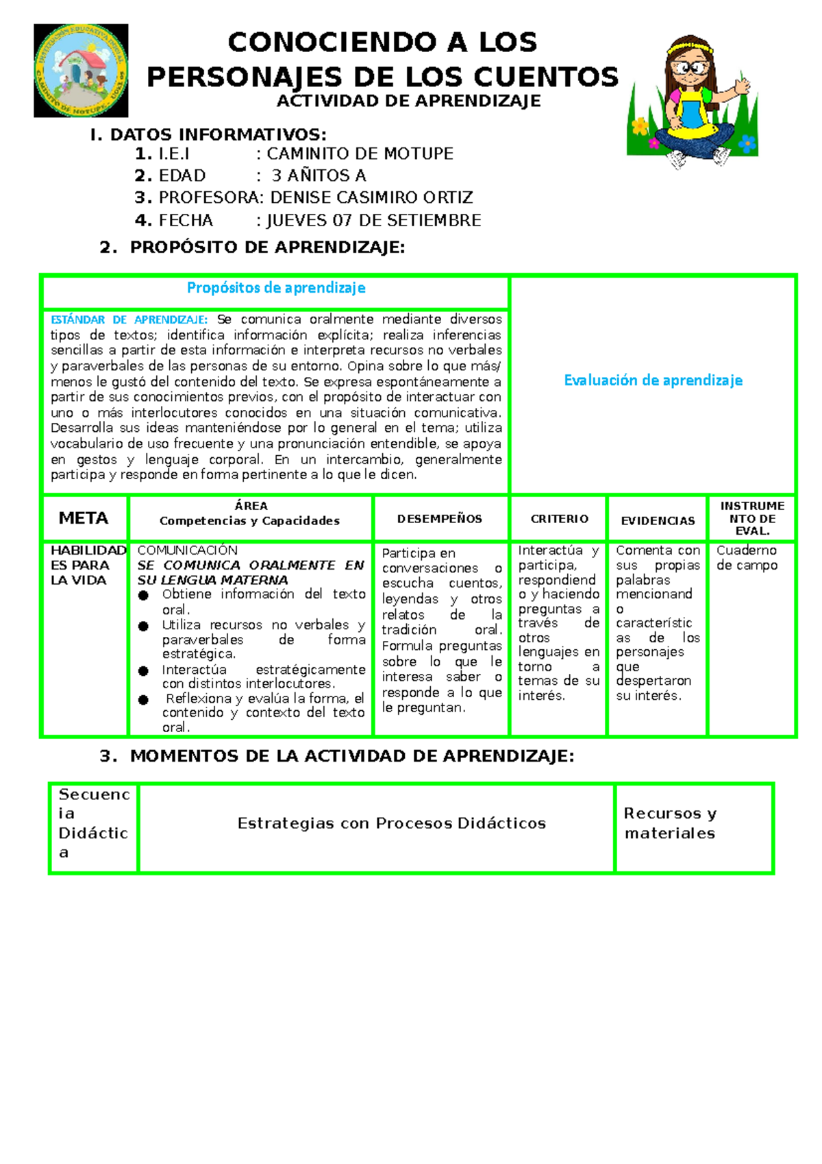 Juves 07 Conociendo A Personajes DEL Cuento - º ACTIVIDAD DE APRENDIZAJE I. DATOS INFORMATIVOS ...