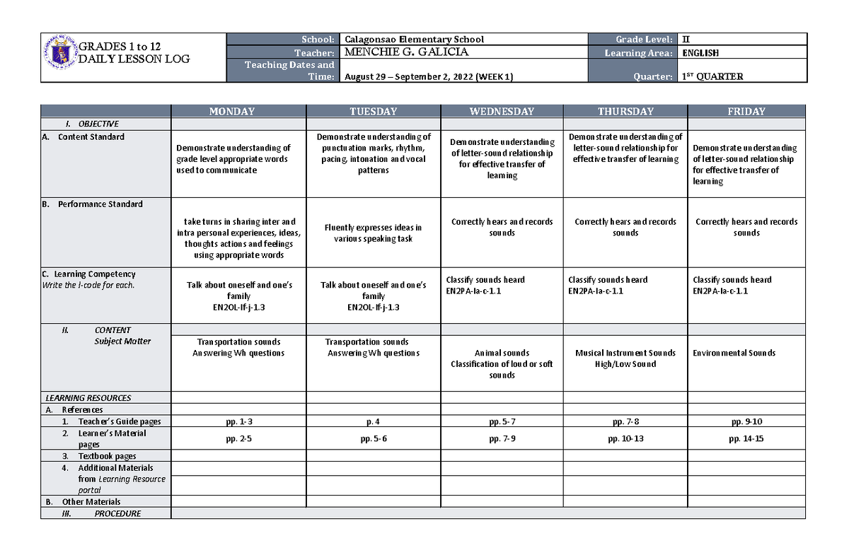 DLL English 2 Q1 W1 - Detailed Lesson Plan - GRADES 1 to 12 DAILY ...