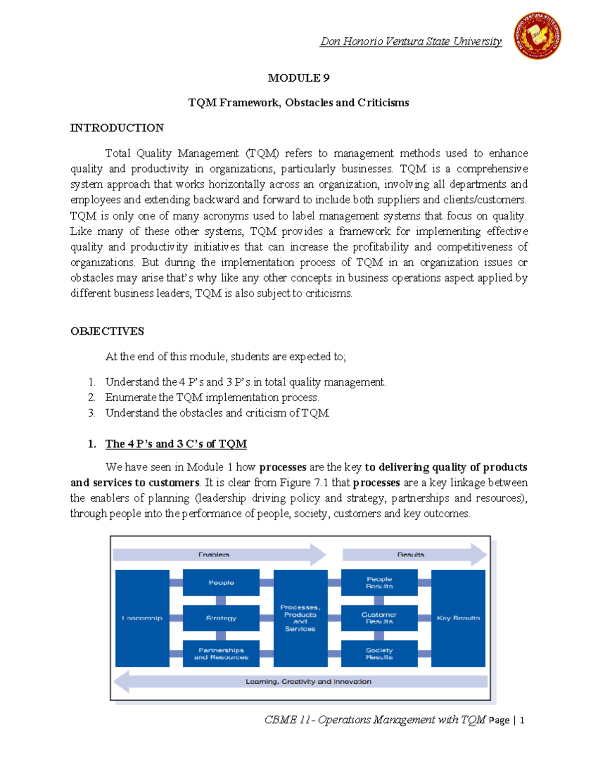 Chapter-9-OM-TQM - MODULE 9 TQM Framework, Obstacles and Criticisms ...