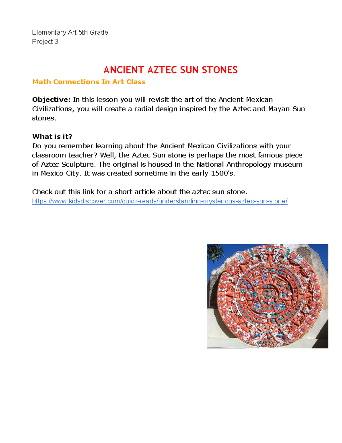 5th Grade- Aztec Suns - Elementary Art 5th Grade Project 3 . ANCIENT ...