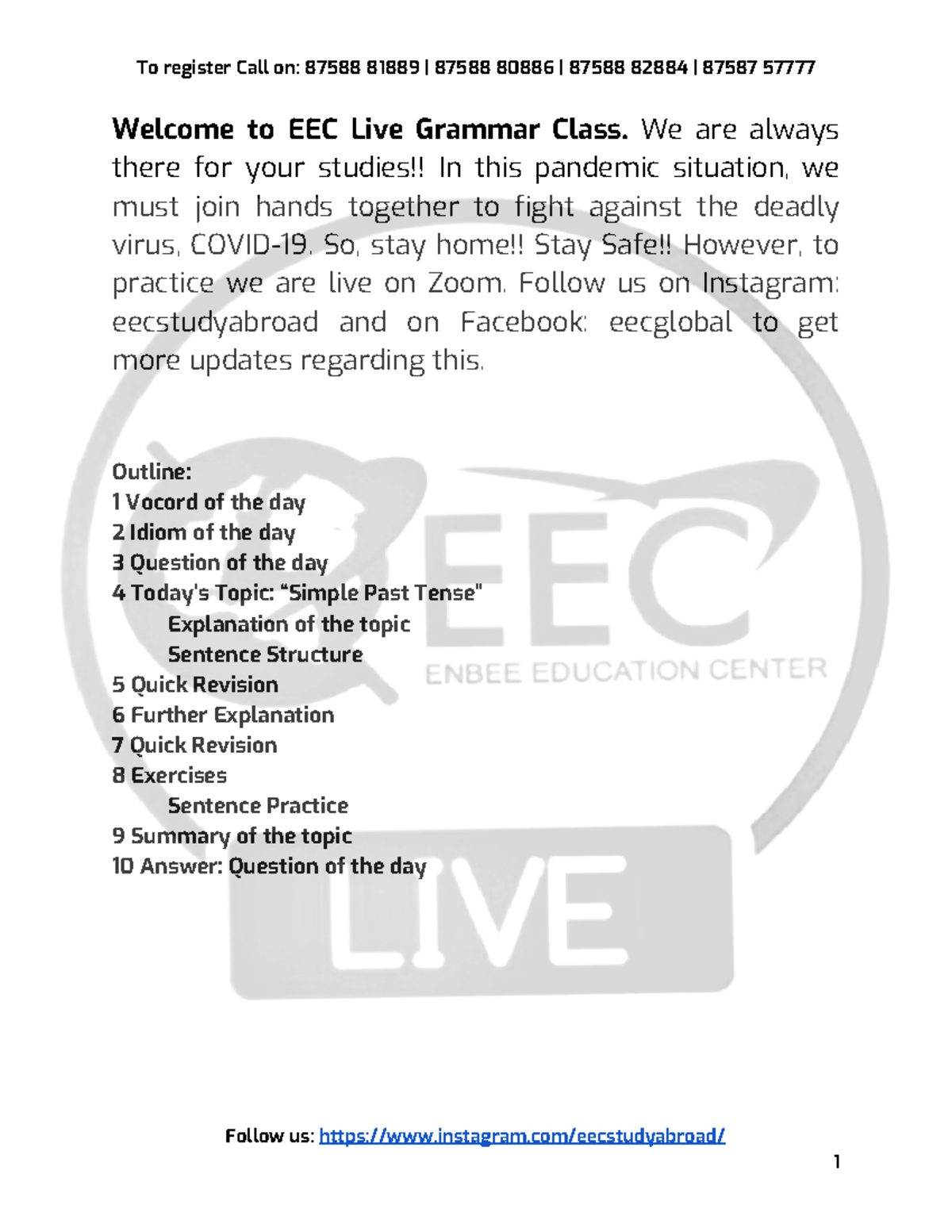 20. Simple Past Tense - Welcome to EEC Live Grammar Class. We are ...