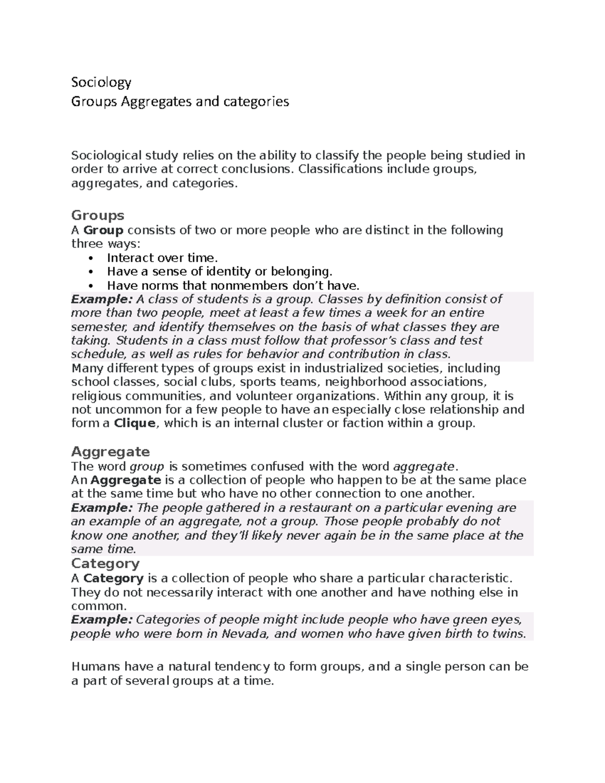 Sociology notes part 1 - Sociology Groups Aggregates and categories ...