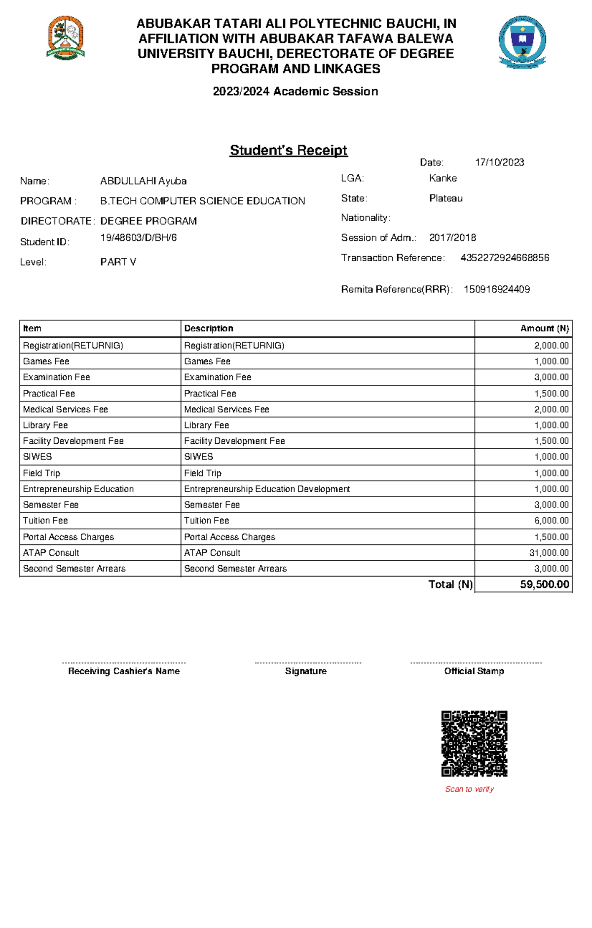 19 48603 D BH 6 receipt - bbbb - ABUBAKAR TATARI ALI POLYTECHNIC BAUCHI ...