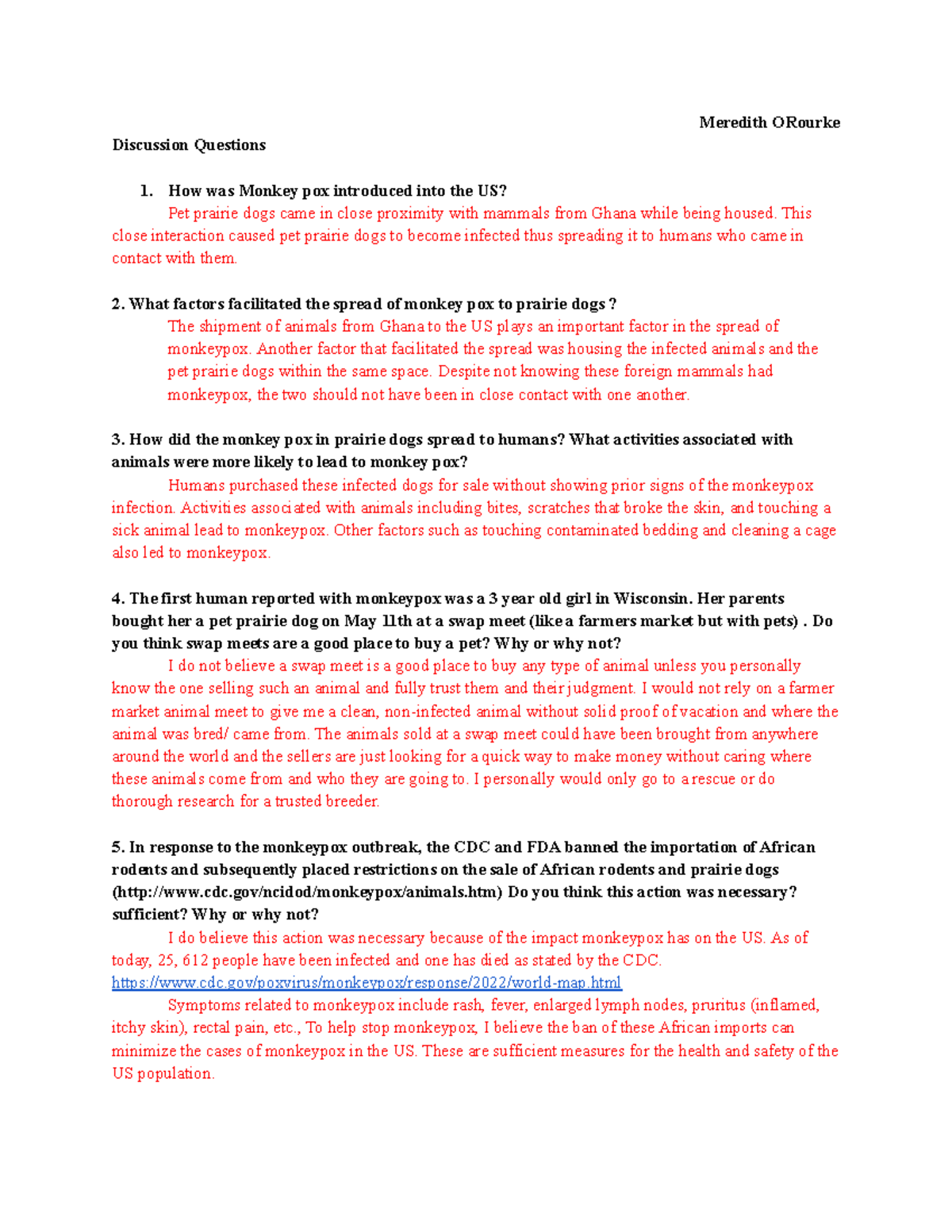 Case Study 6 - Meredith ORourke Discussion Questions How was Monkey pox ...