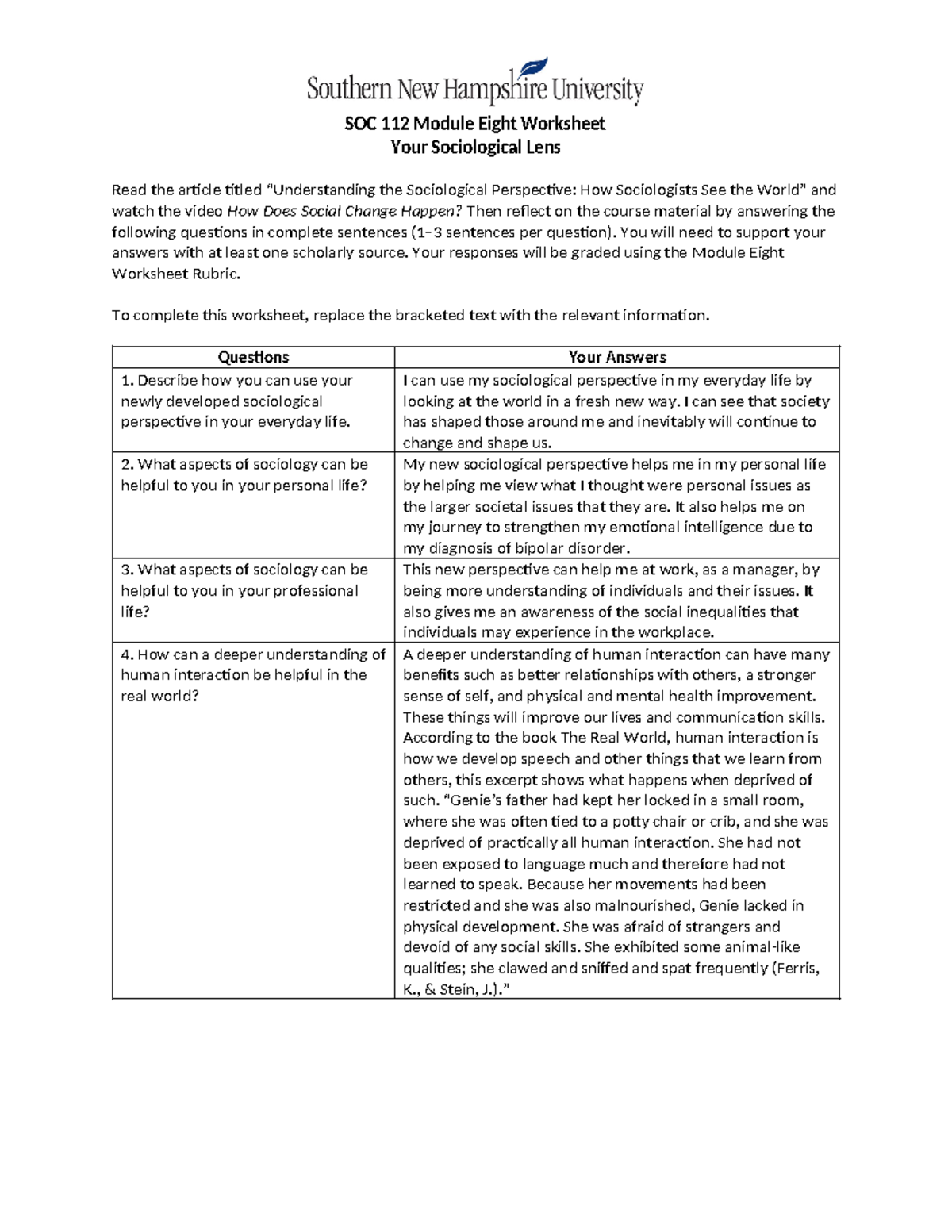 Soc 112 module 8 - SOC 112 Module Eight Worksheet Your Sociological ...