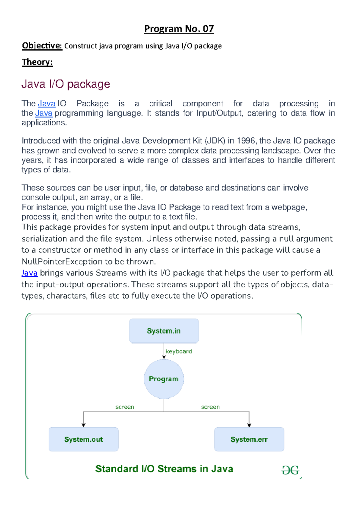 Java prog7 - practical - Program No. 0 7 Objective: Construct java program using Java I/O ...