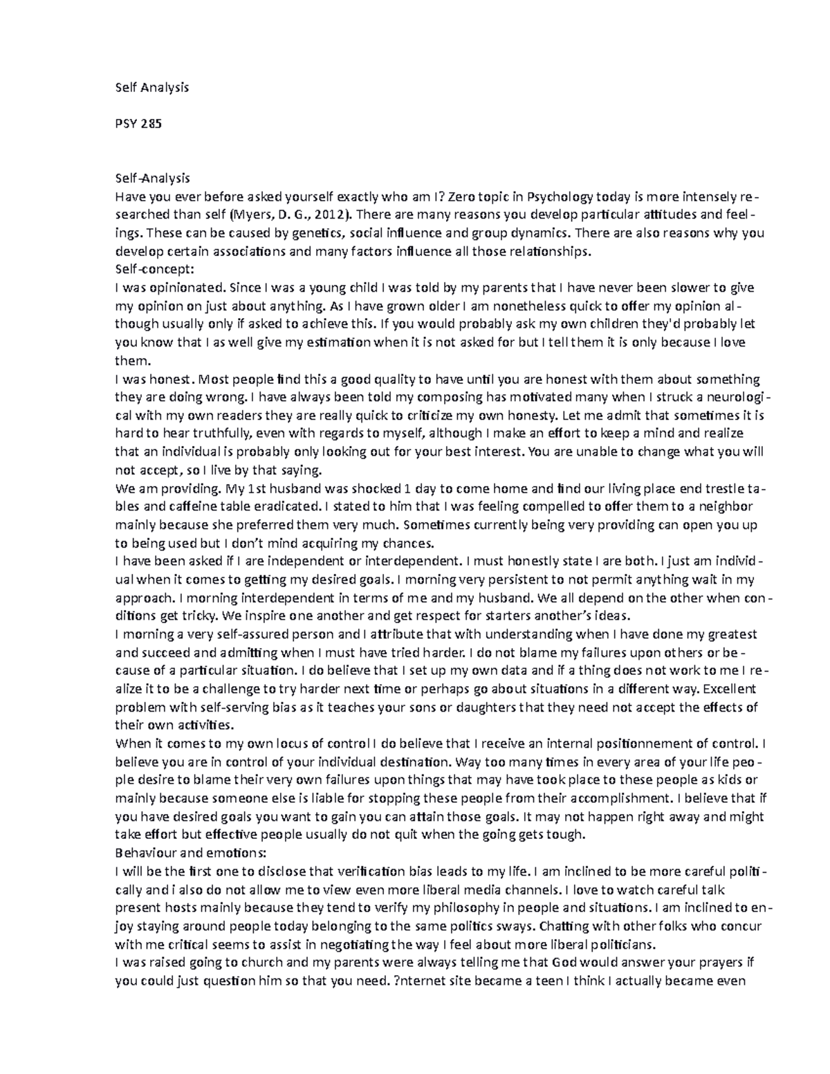 PSY 285 Self Analysis 1 - uop - Self Analysis PSY 285 Self-Analysis ...
