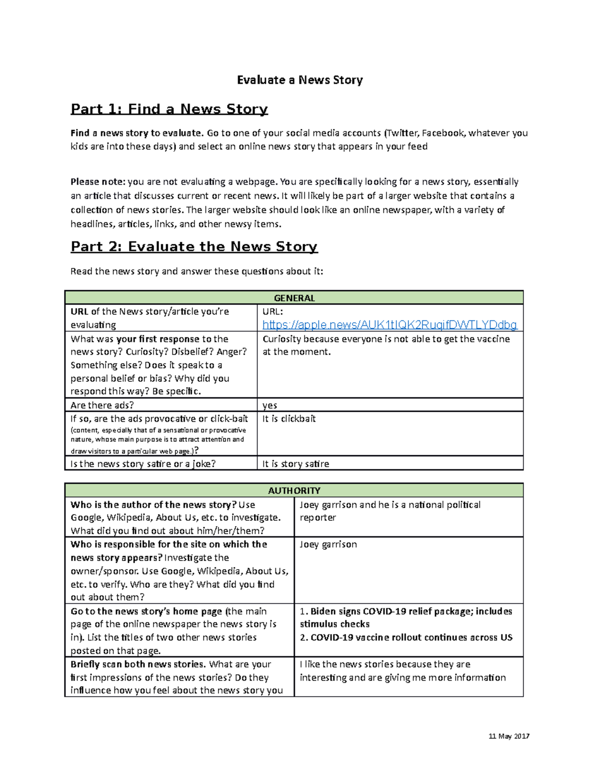 Evaluate a news story - assignment - Evaluate a News Story Part 1: Find ...