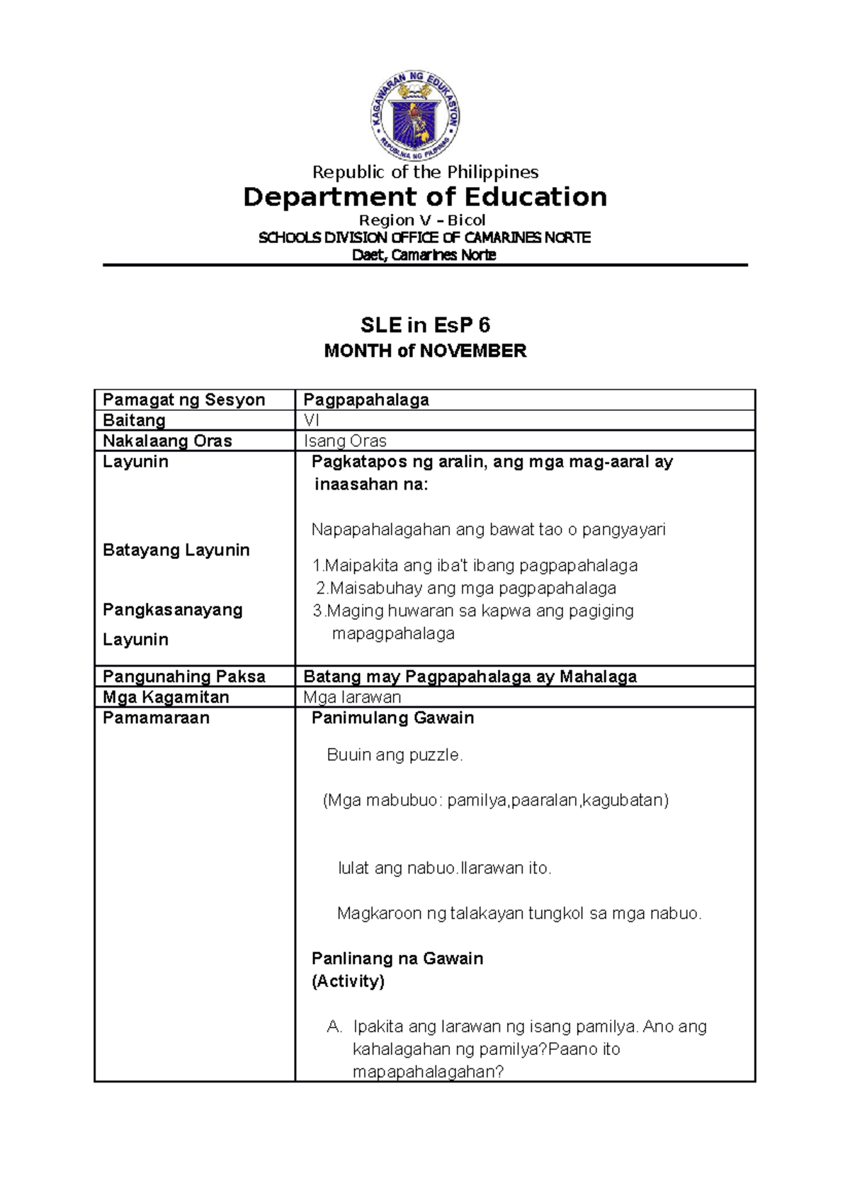 6-SLE- Nobyembre - notes - Republic of the Philippines Department of ...