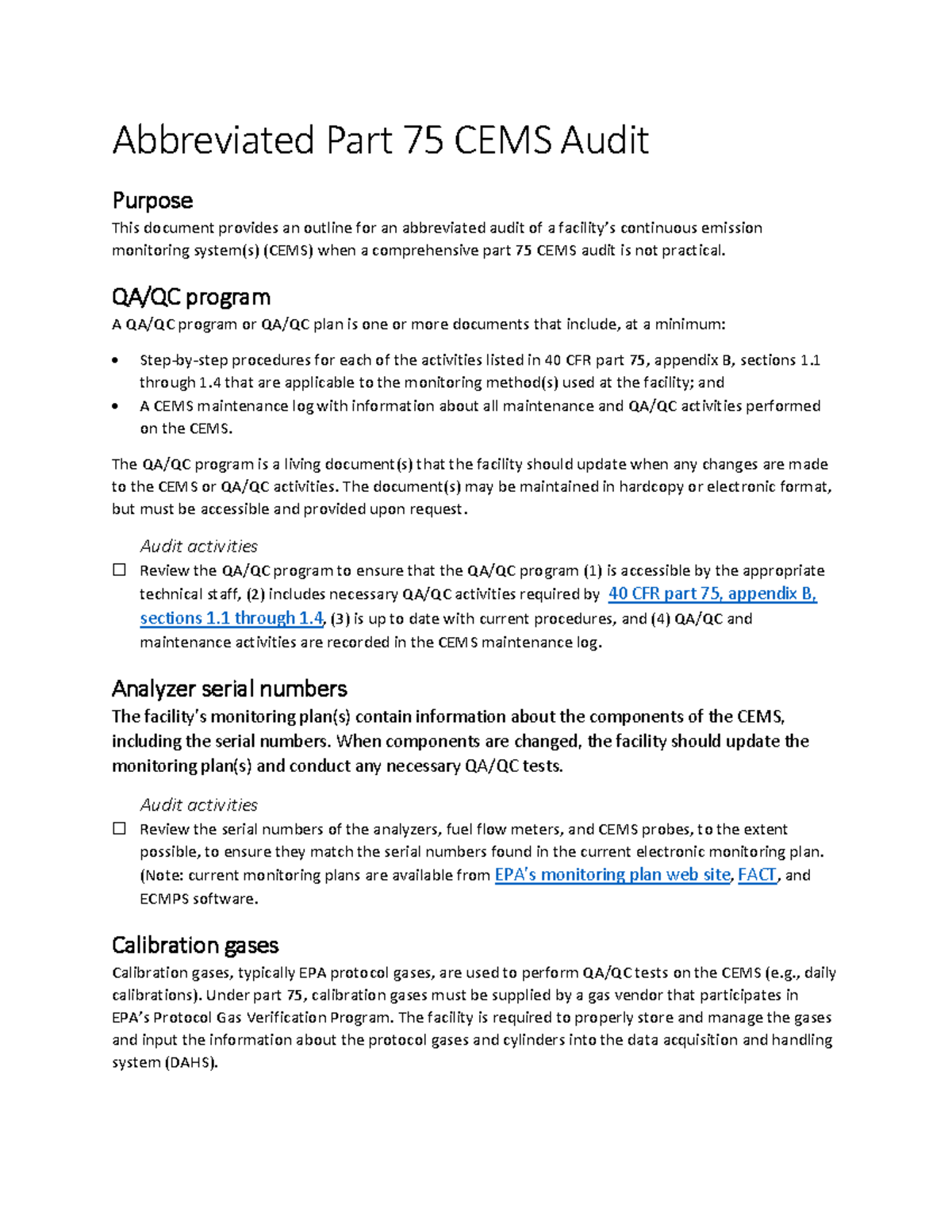 Abbreviated part 75 field audit form - Abbreviated Part 75 CEMS Audit ...