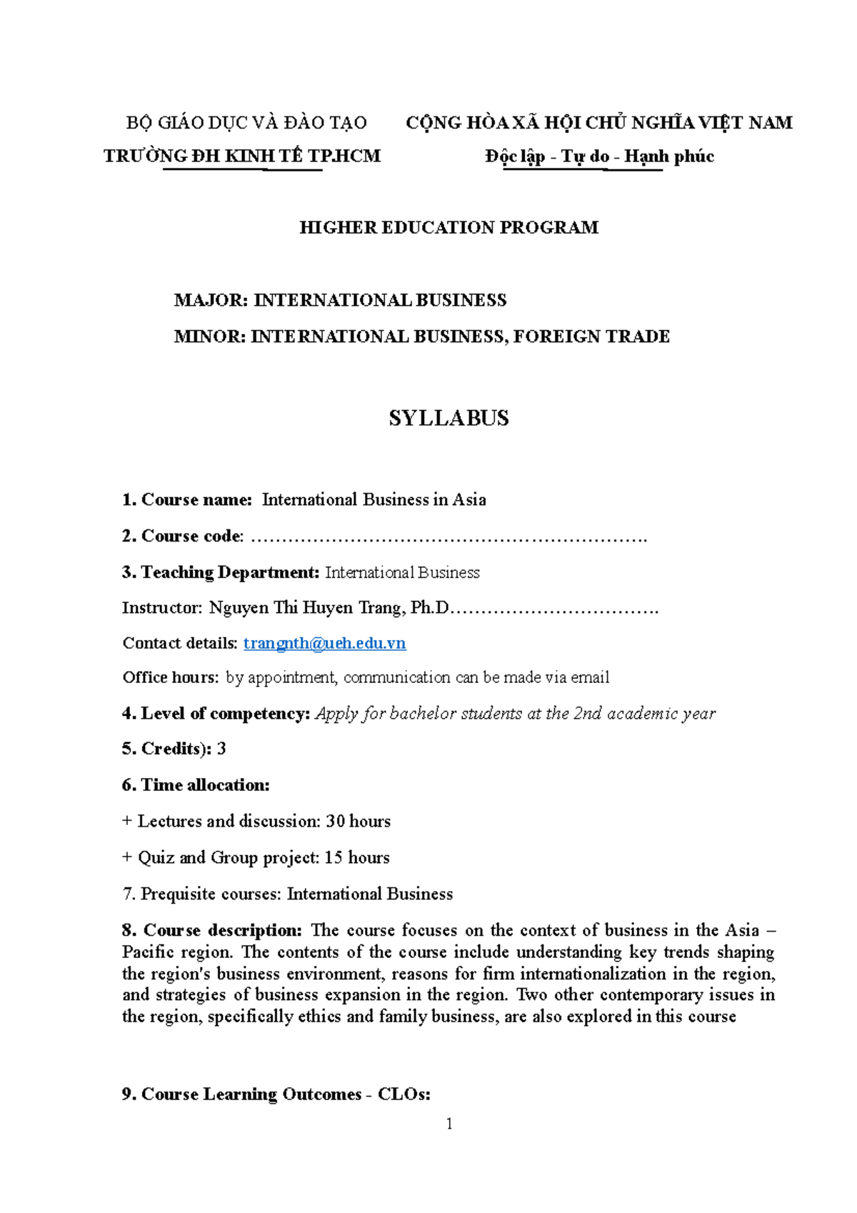 IB in Asia Syllabus 10 Classes - BỘ GIÁO DỤC VÀ ĐÀO TẠO TRƯỜNG ĐH KINH ...