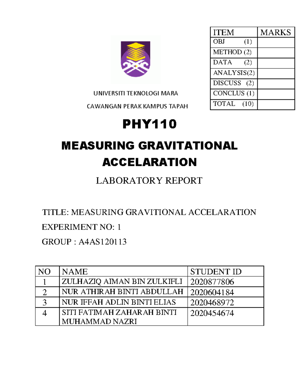 PHY 110-LAB Report 1 - Applied Science AS120 - UiTM - Studocu