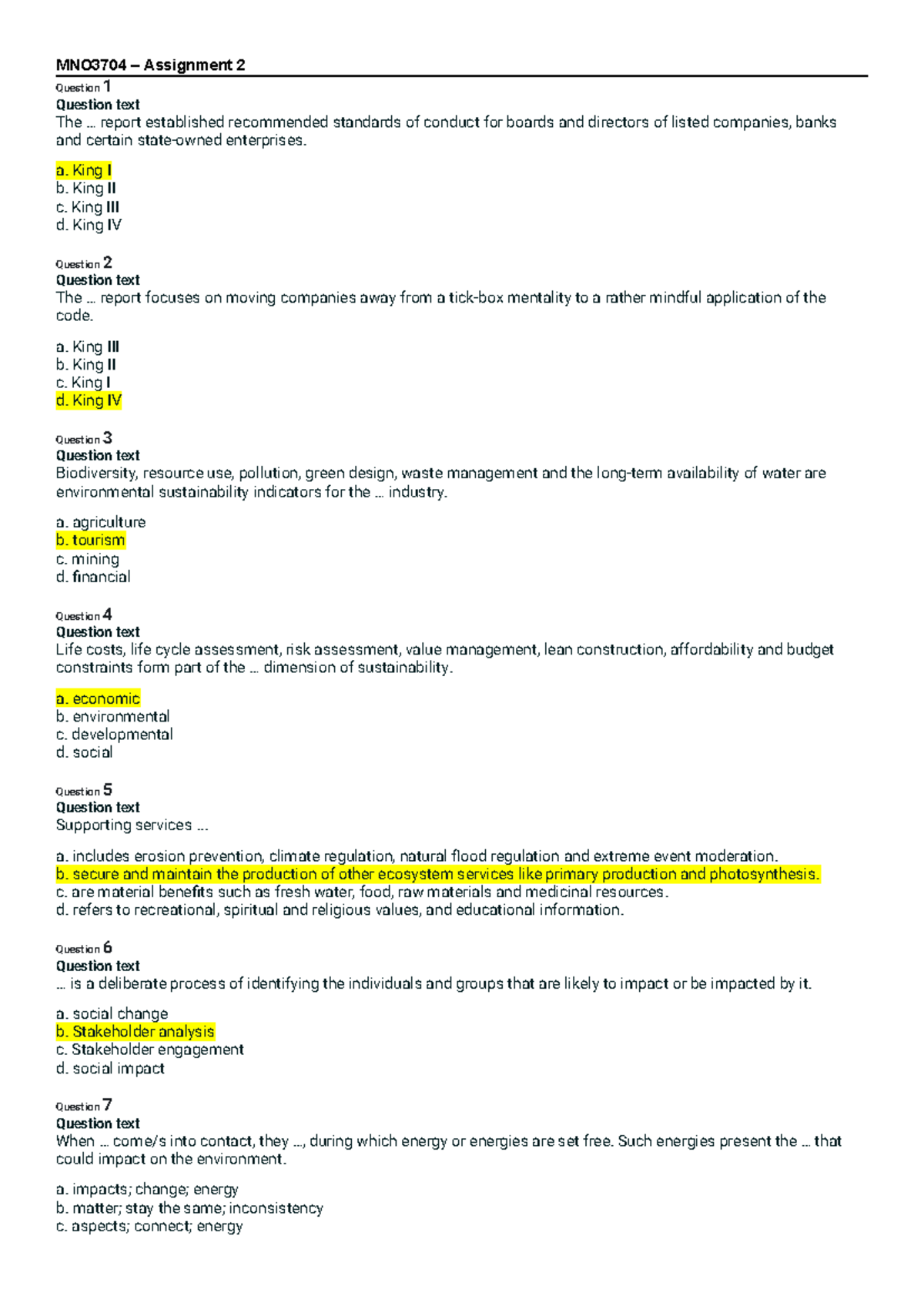 MNO3704 – Assignment 2 - MNO3704 – Assignment 2 Question 1 Question text The ... report ...