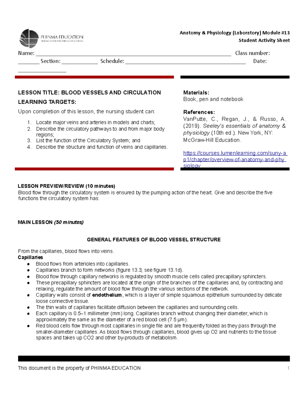 SAS 13 ( Blood Vessels Circulation) - Student Activity Sheet Name ...