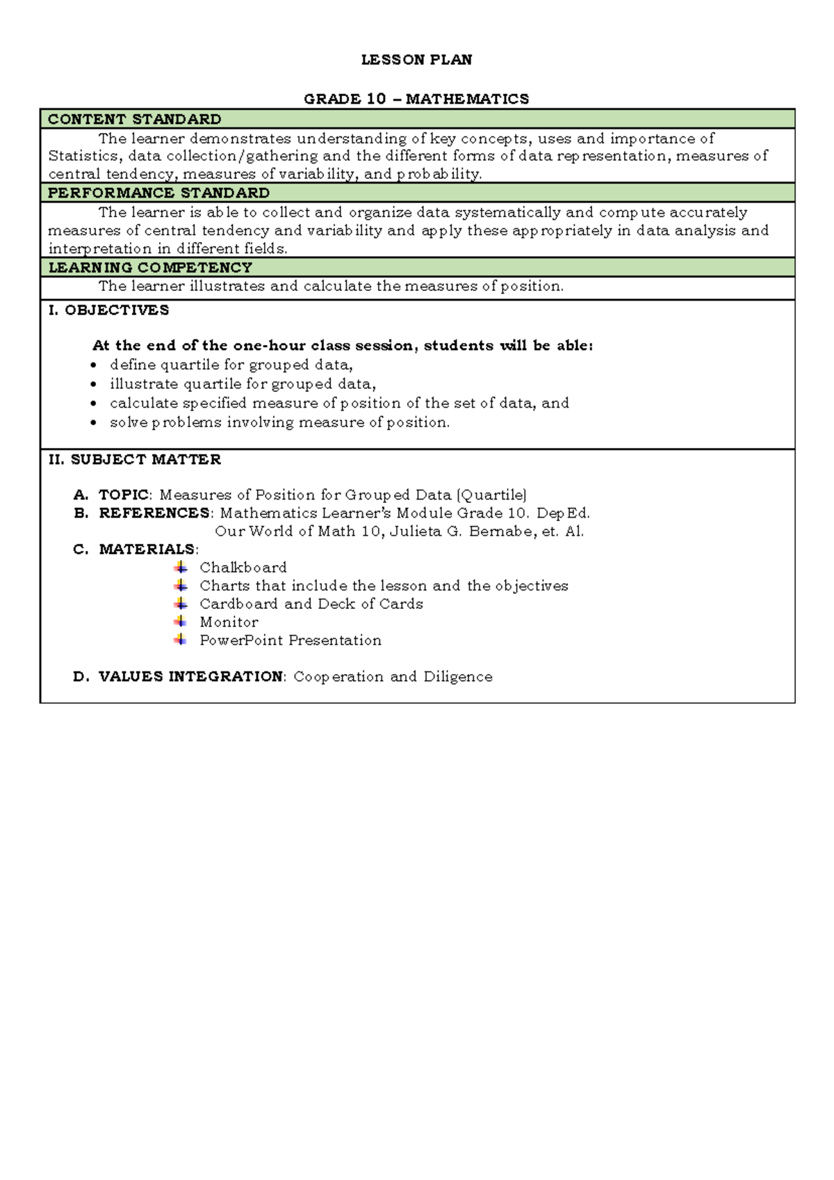 4 As Lesson PLAN 10 Quartile - LESSON PLAN GRADE 10 – MATHEMATICS CONTENT STANDARD The learner ...
