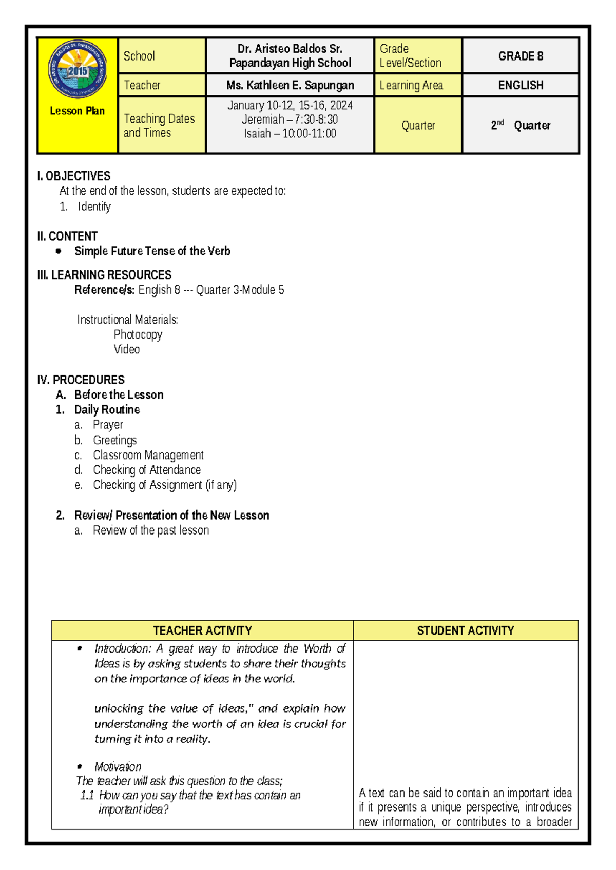 English 9 worth of idea - lesson plan - Lesson Plan School Dr. Aristeo ...