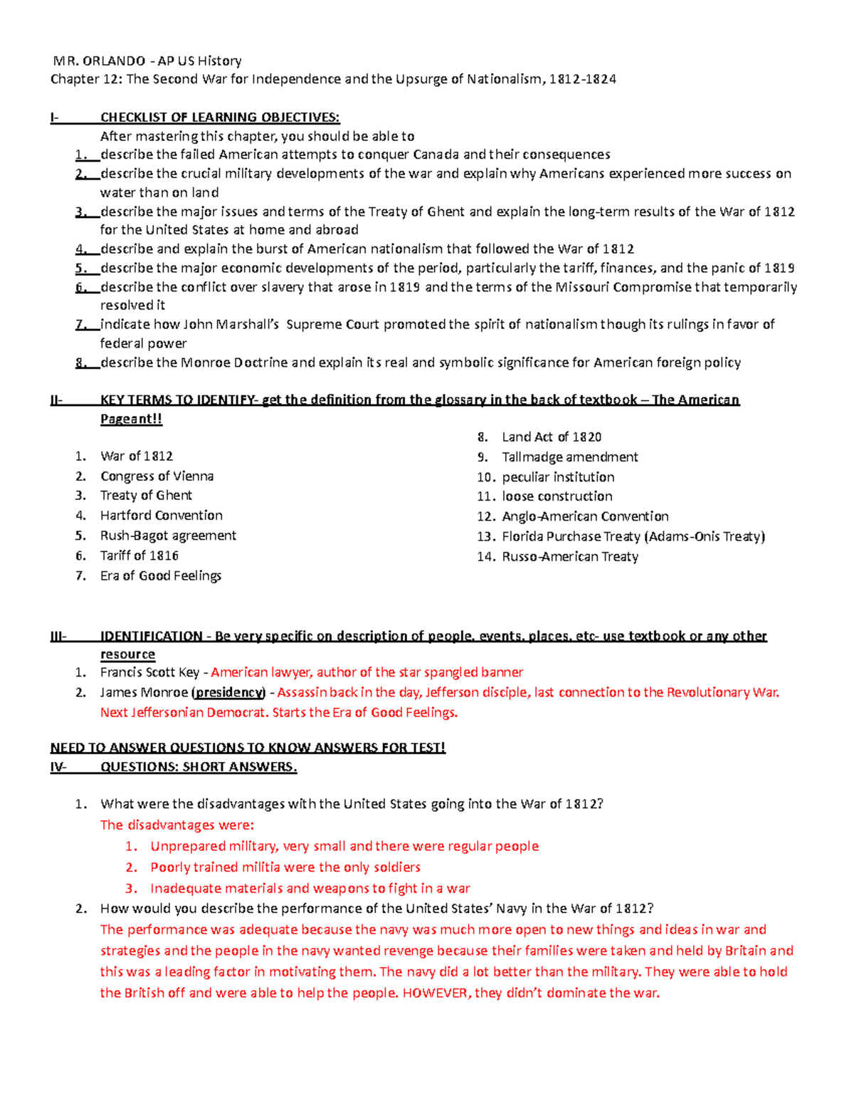 Study guide chapter 12 - Chapter 12: The Second War for Independence ...