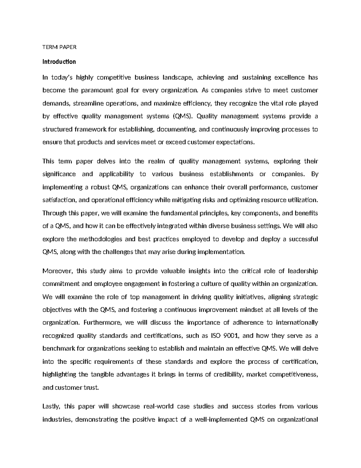 Term Paper about something - TERM PAPER Introduction In today's highly ...