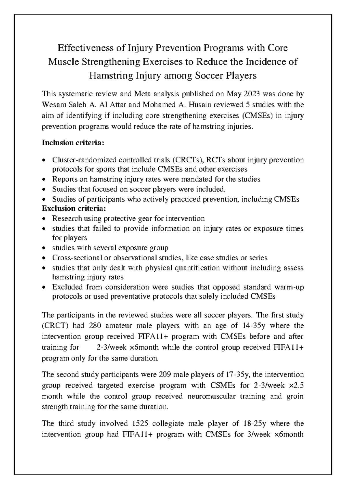 B5(A) summary - a seminar assignment - Effectiveness of Injury ...
