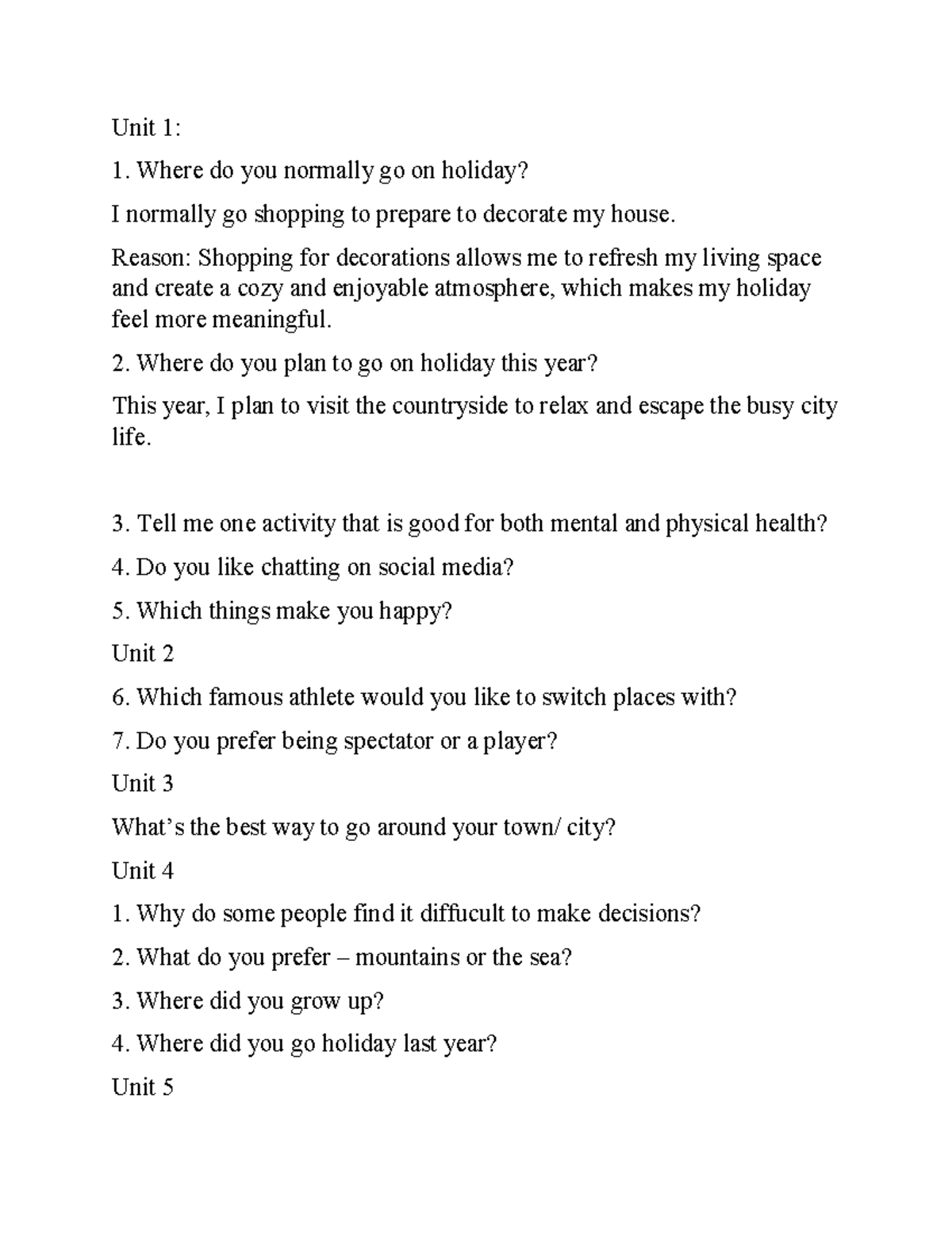 Questions FOR Speaking TEST - Unit 1: Where do you normally go on ...