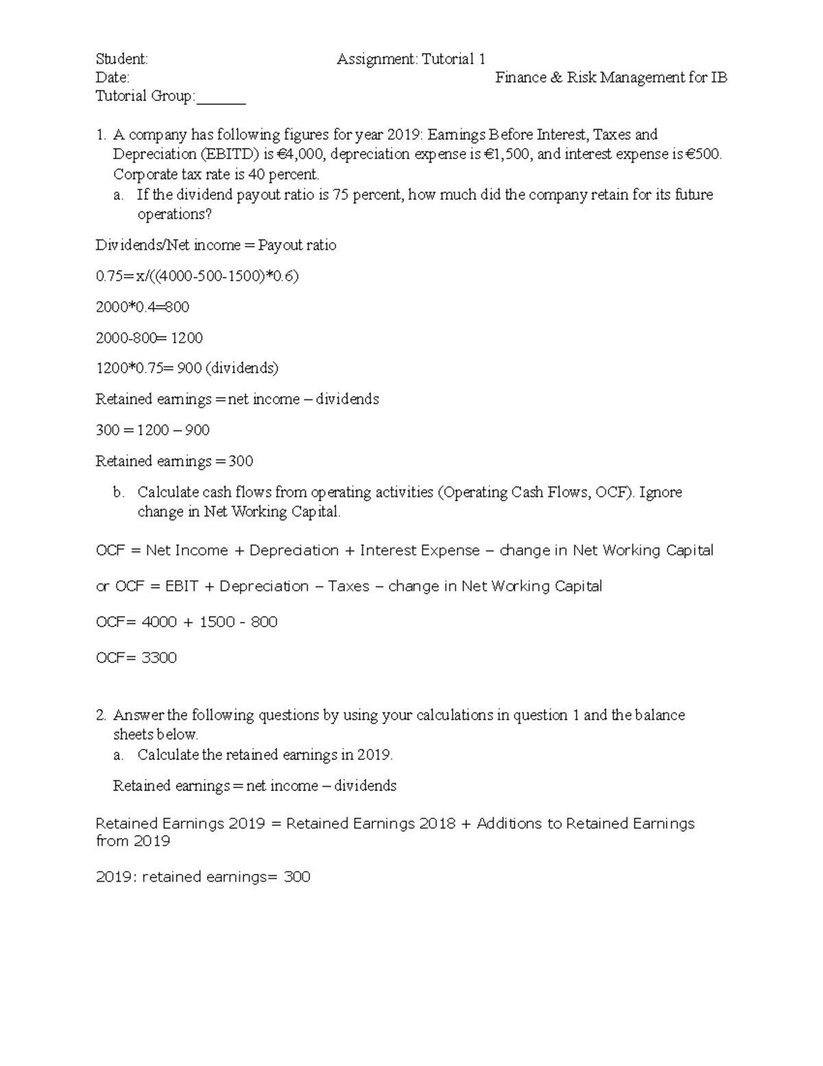 FRM Tutorial 1 Questions - Student: Assignment: Tutorial 1 Date ...