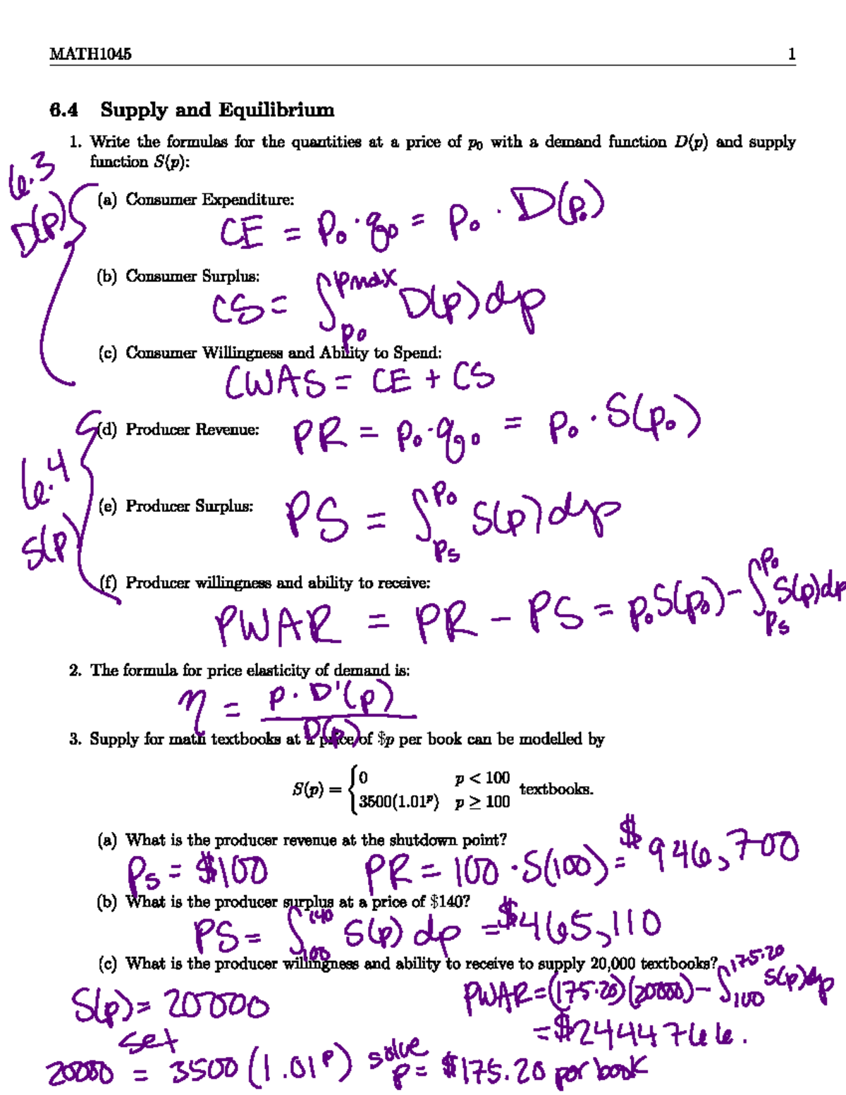 2021 - Chapter 6.4 practice problems and solutions - MATH1045 1 6 Supply and Equilibrium 1 ...