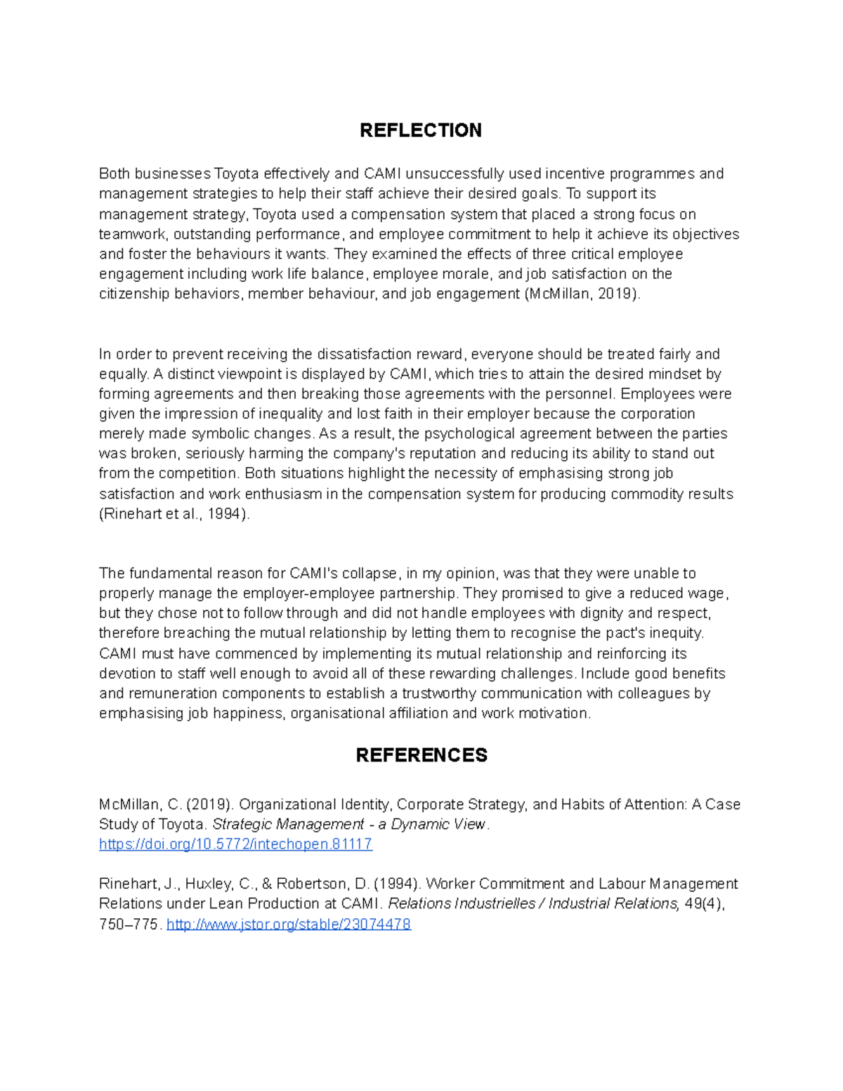 Reflection - REFLECTION Both businesses Toyota effectively and CAMI ...