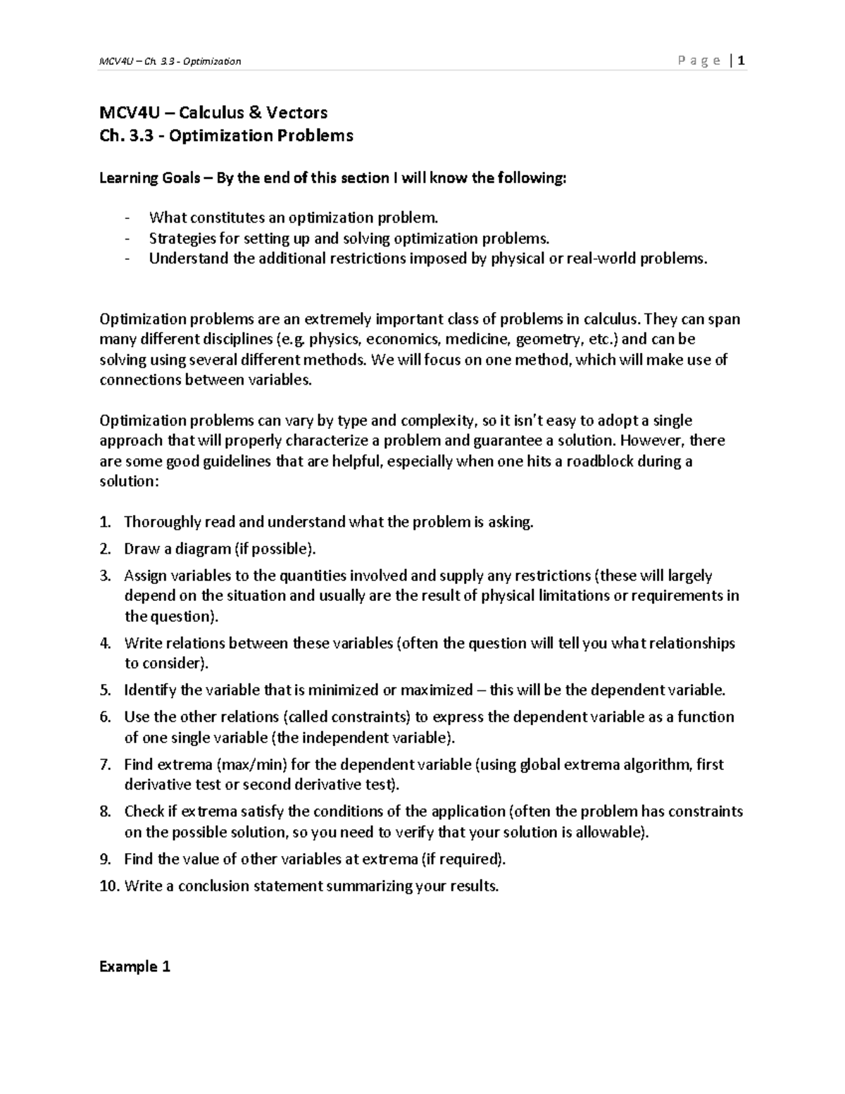 MCV4U - Ch. 3.3 - Optimization - MCV4U – Calculus & Vectors Ch. 3 ...