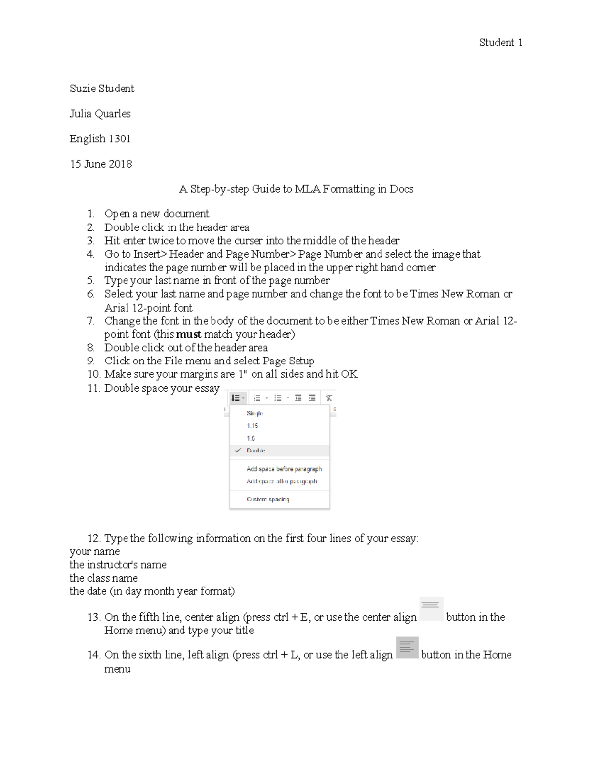 MLA Formatting Step-by-step - Google Docs(1) - Student 1 Suzie Student ...