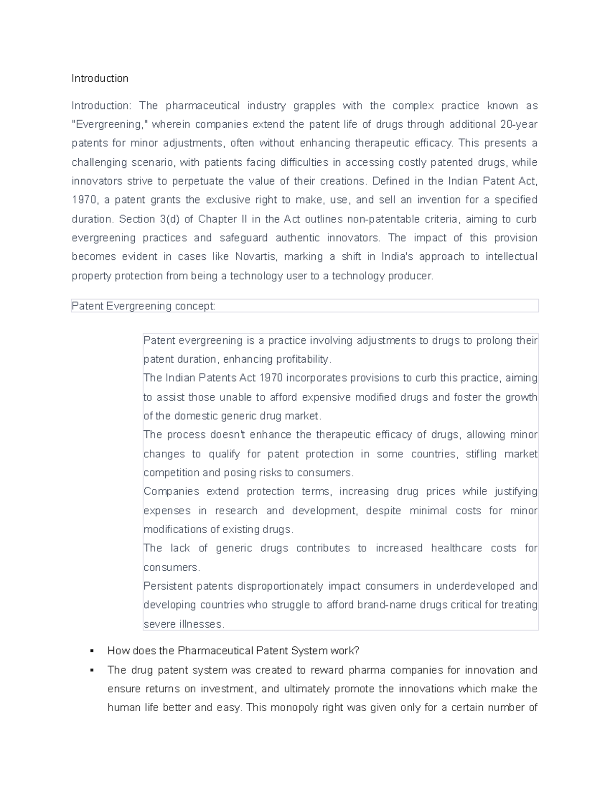IPR Final - Evergreening of patent - Introduction Introduction: The ...